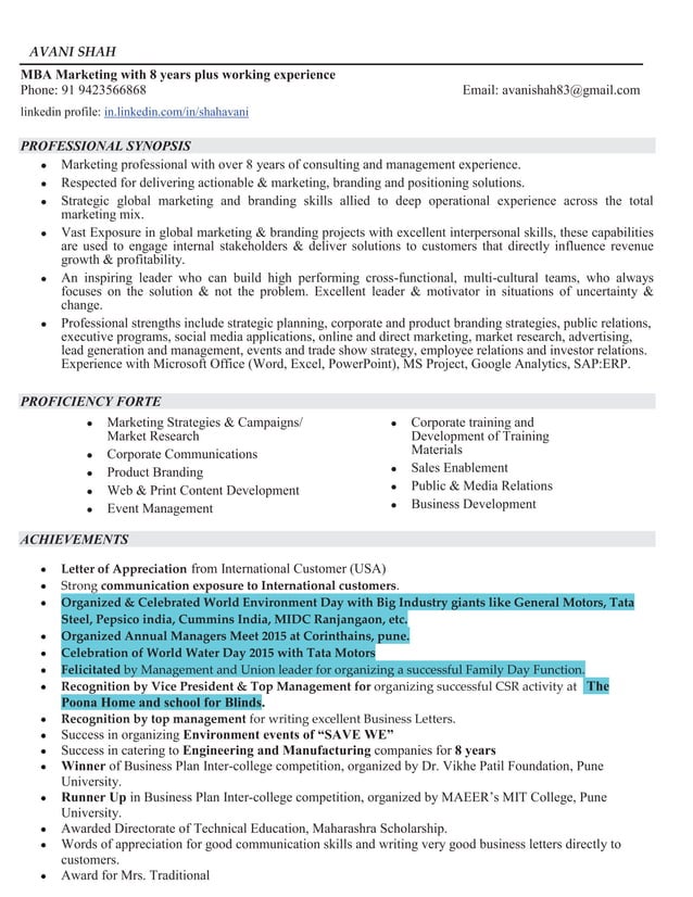 Avani Shah - Resume 26062015 | PDF | Marketing and Advertising | Business