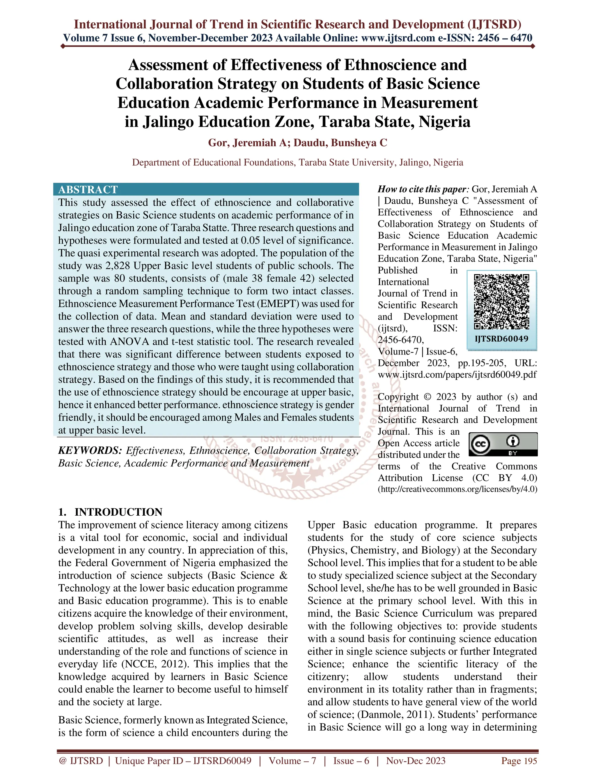 Assessment of Effectiveness of Ethnoscience and Collaboration Strategy ...