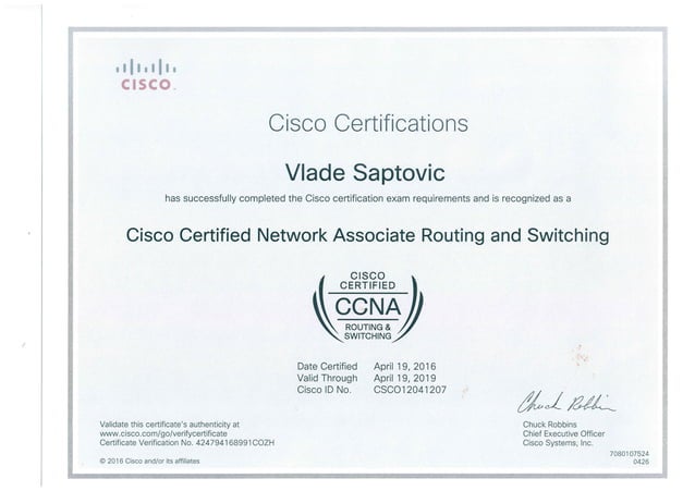 Vlade Saptovic-CCNA Certificate | PDF
