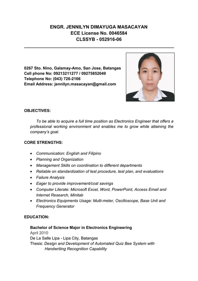 Experienced Professional - Engr Jennilyn Masacayan | DOC