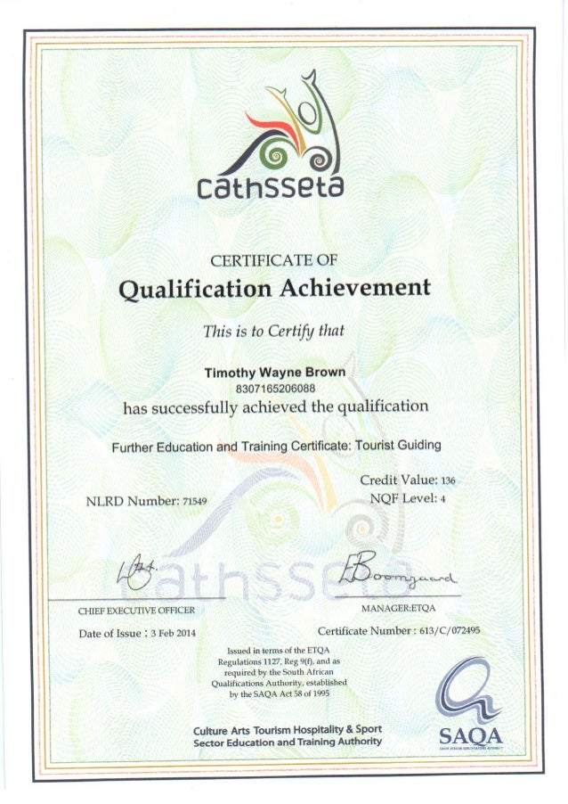 Tim Brown Certificate NQF Level 4 Tim Brown Certificate NQF Level 4