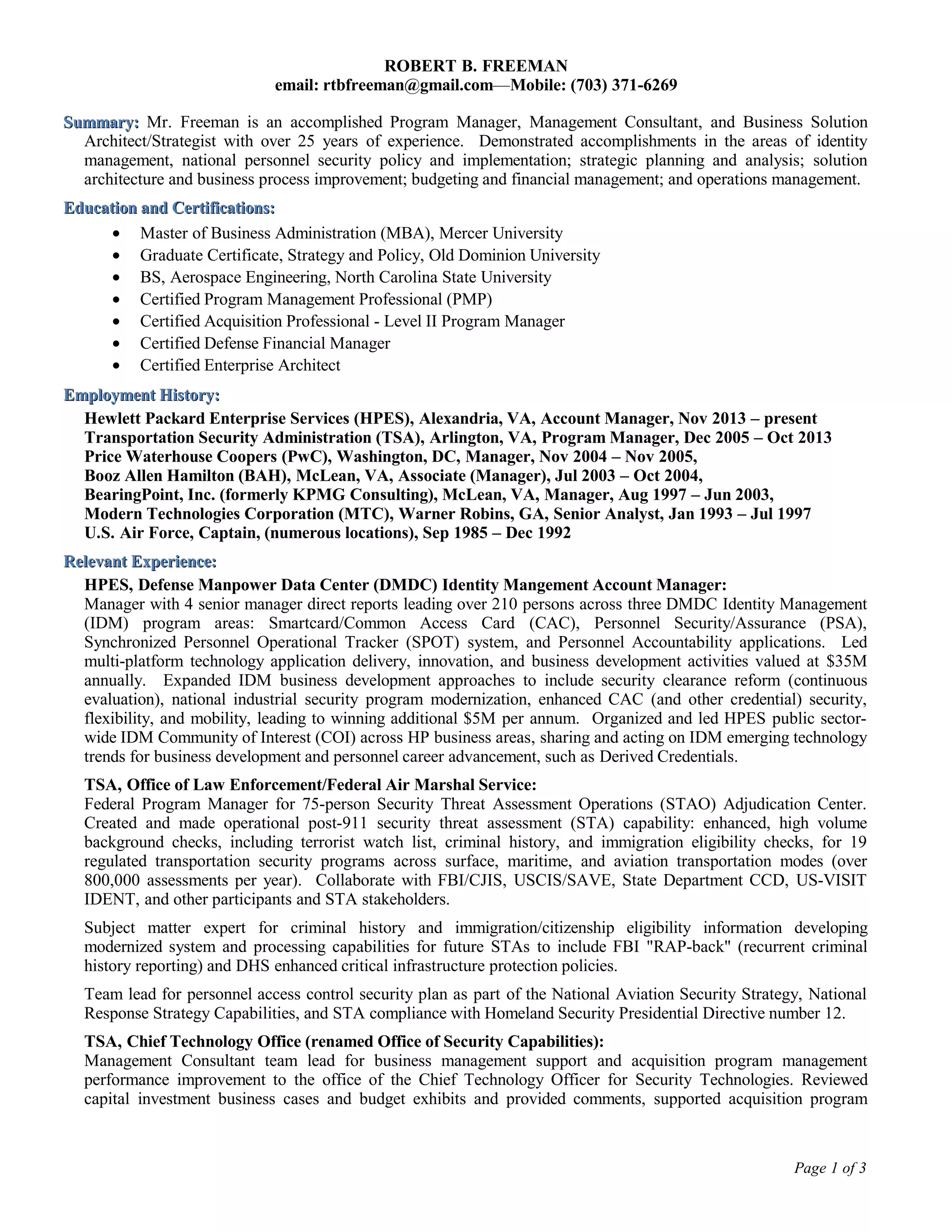 Robert Freeman Resume Aug15 | PDF