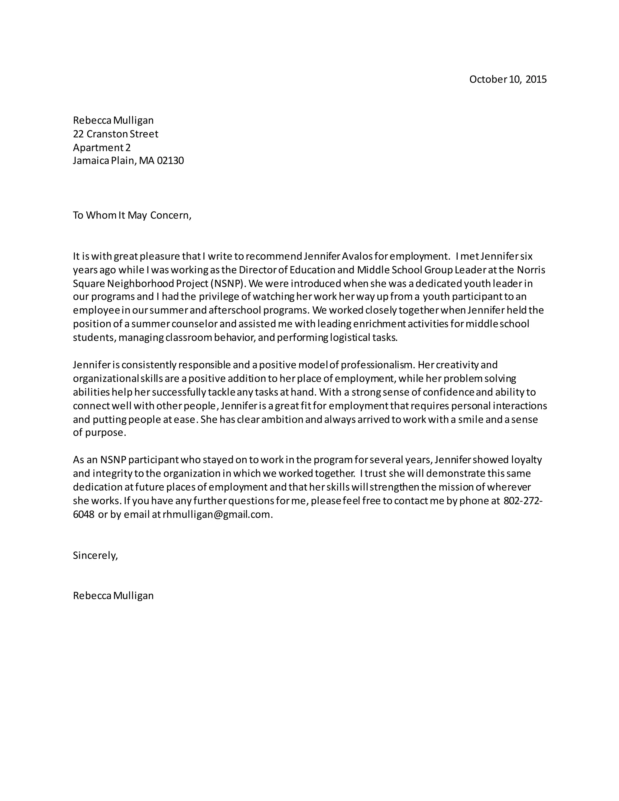 Letter of Recommendation for Jennifer Avalos | DOCX