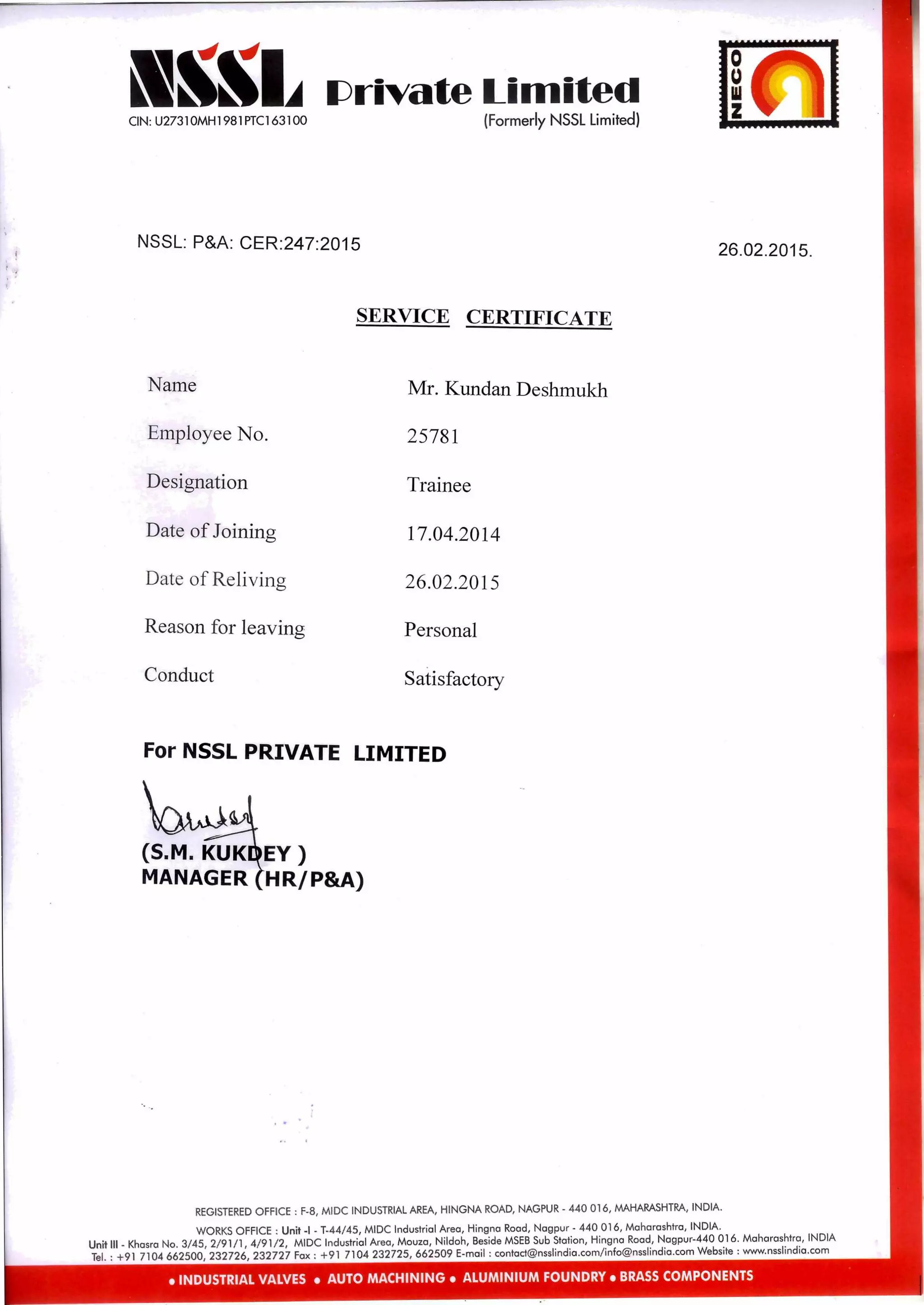 Exprience Letter NECO NSSL.PDF