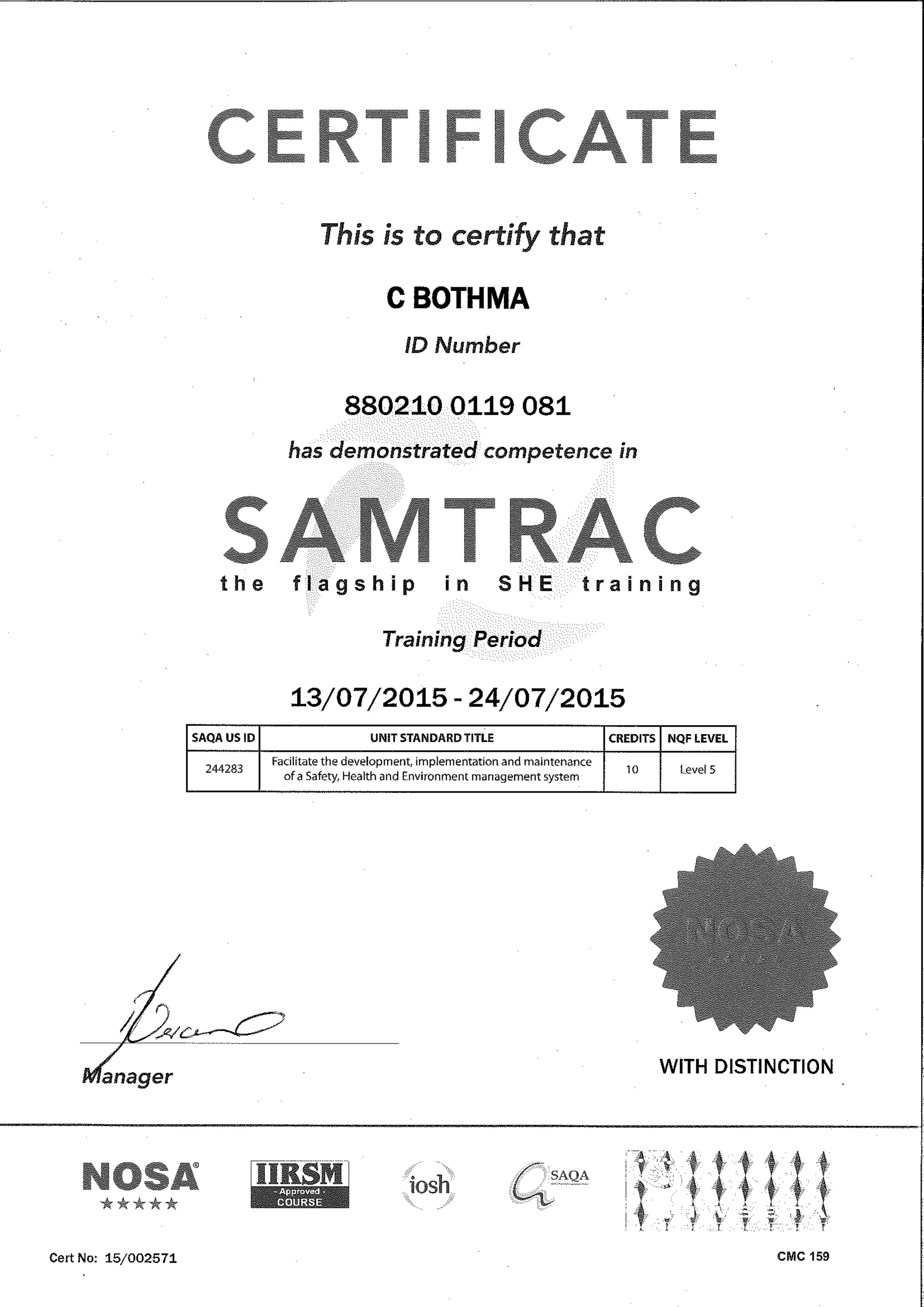 Chantelle Bothma SAMTRAC Certificate | PDF