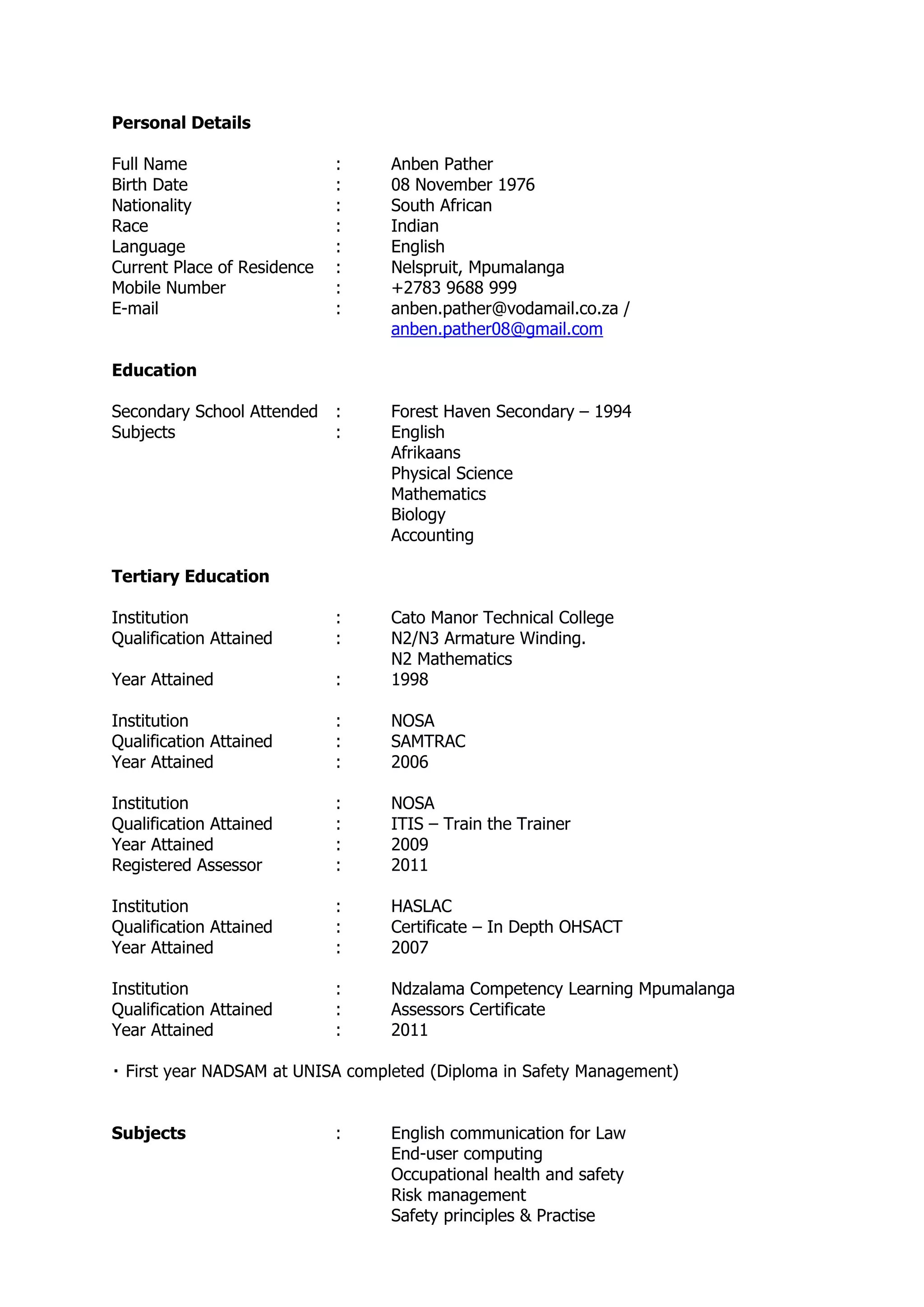 Curriculum Vitae Anben Pather. | PDF
