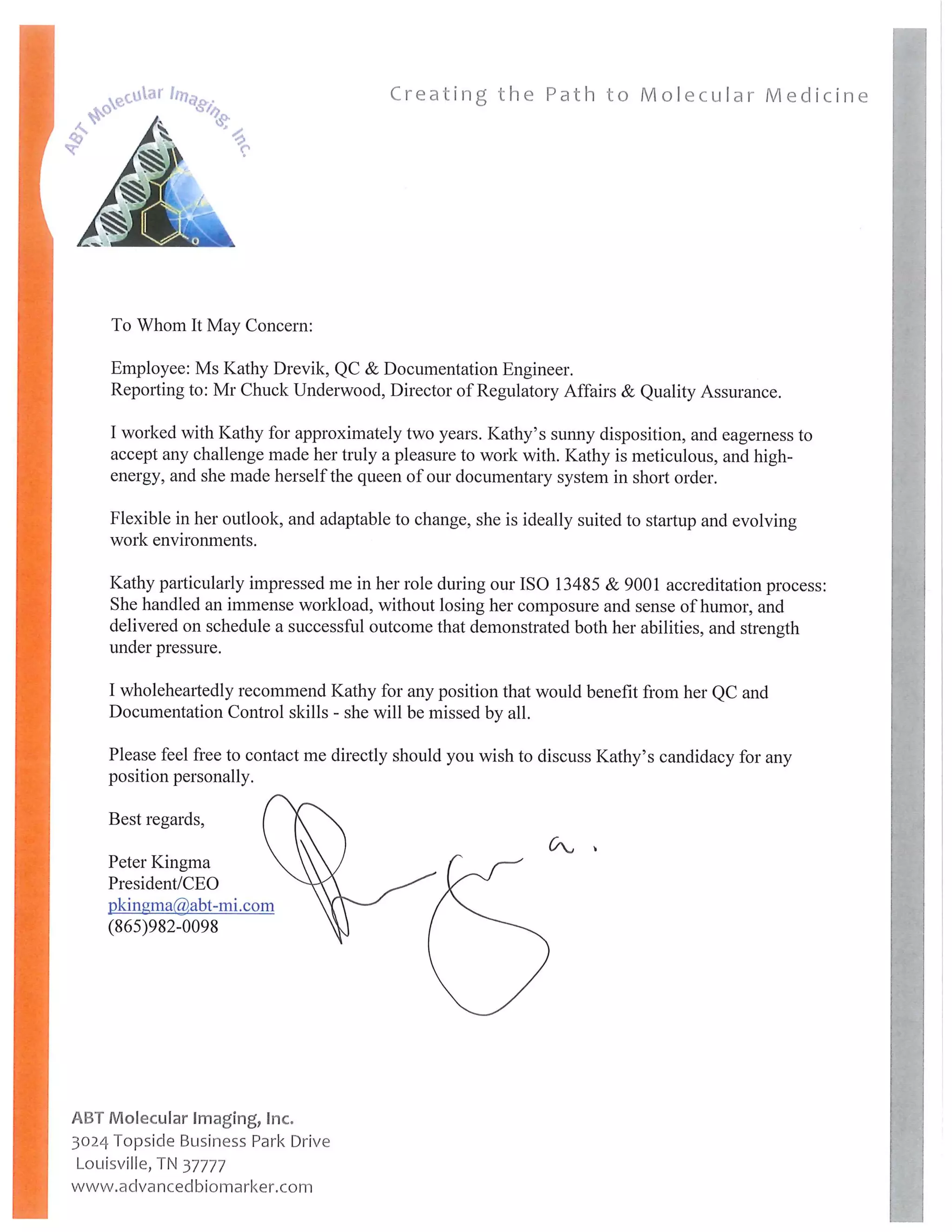 PKingma Reference Letter | PDF