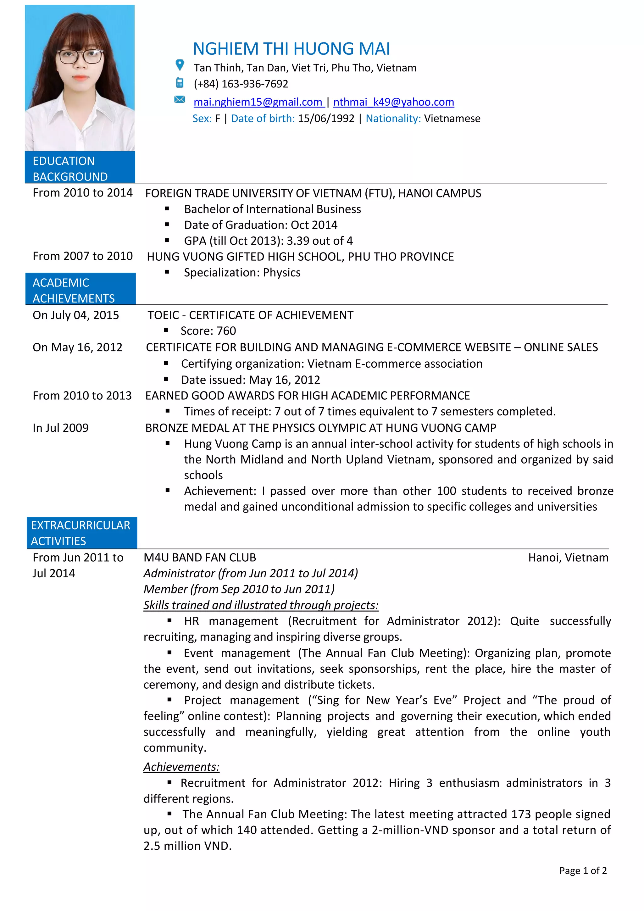 (ENG) CV - Nghiem Thi Huong Mai | PDF