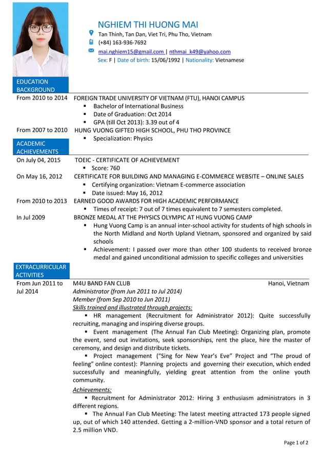 (ENG) CV - Nghiem Thi Huong Mai | PDF