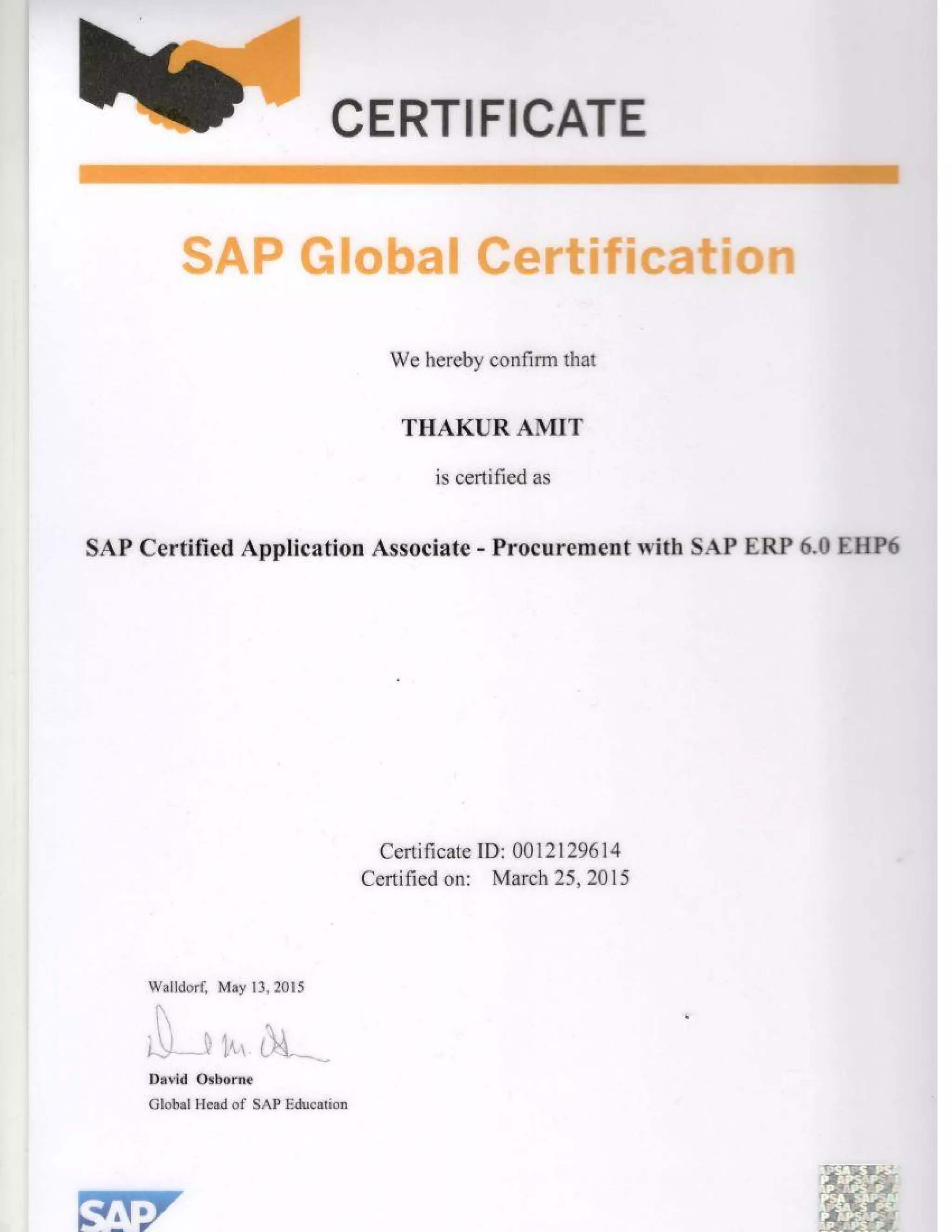 SAP Certificate - Amit Thakur | PDF