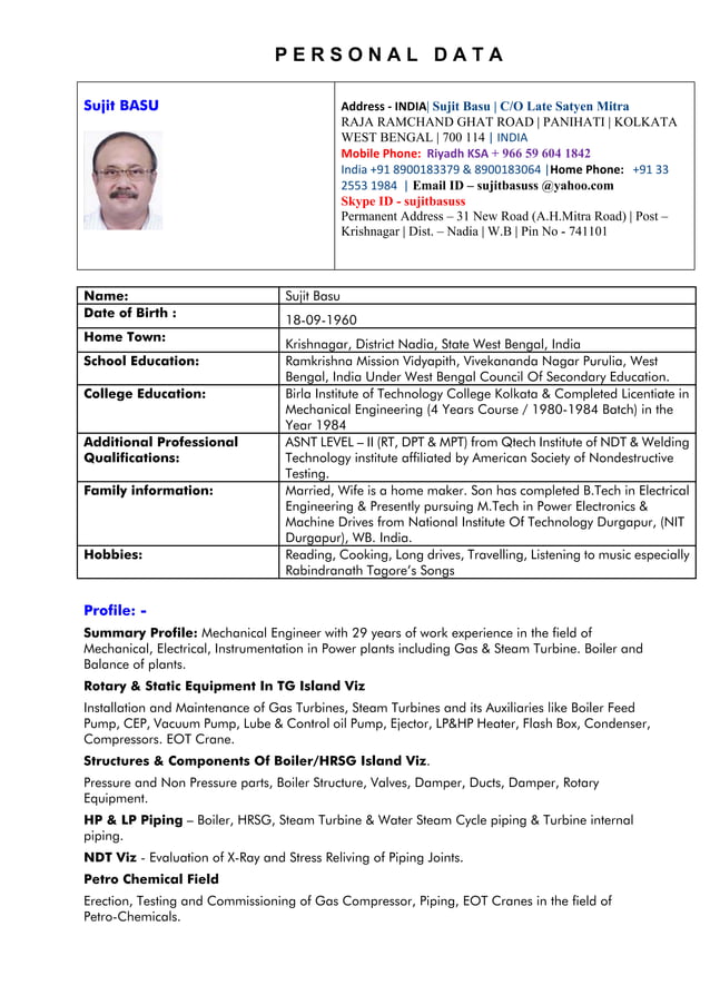 CV-Basu Sujit 6th July 2016 | PDF | Civil Engineering Industry | Industries