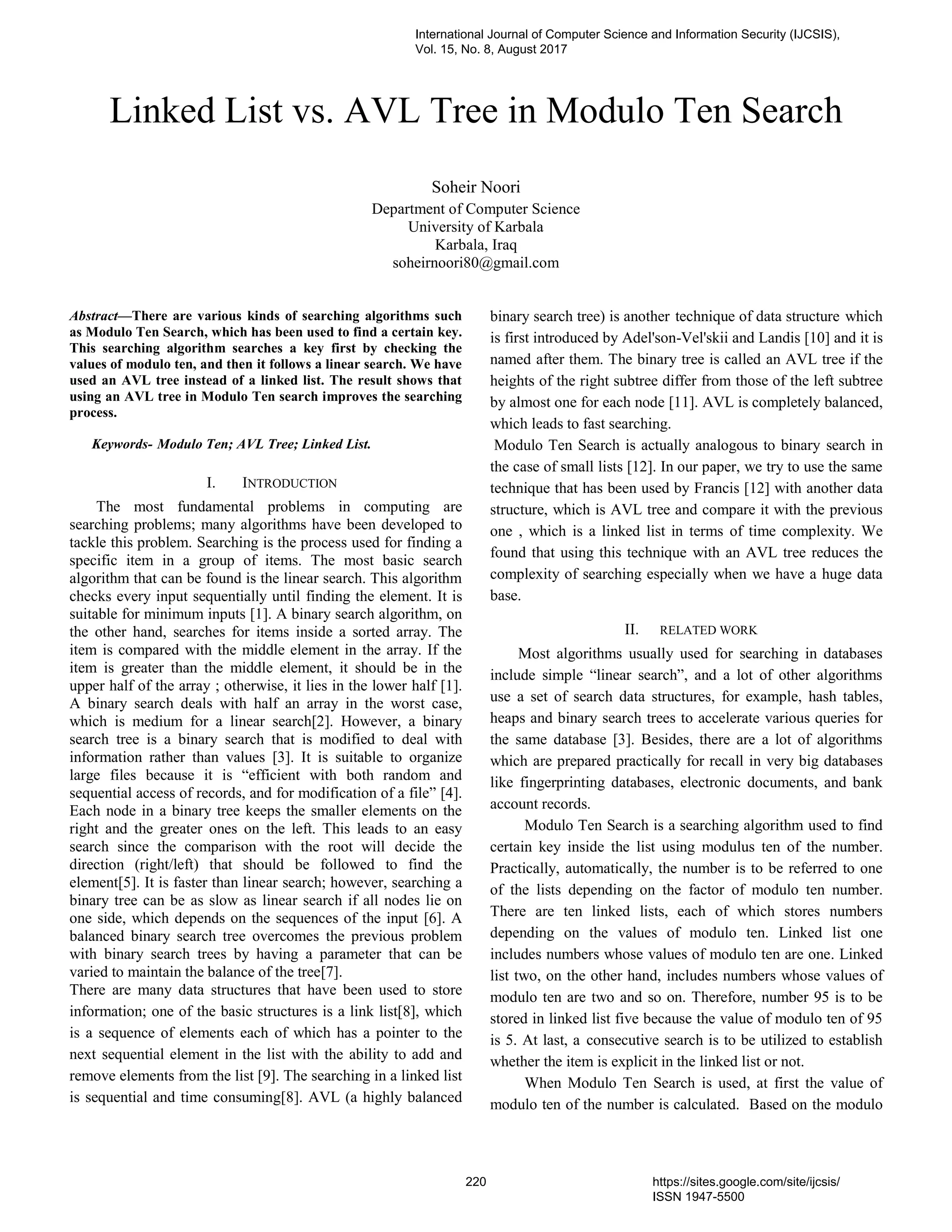 Linked List vs. AVL Tree in Modulo Ten Search | PDF