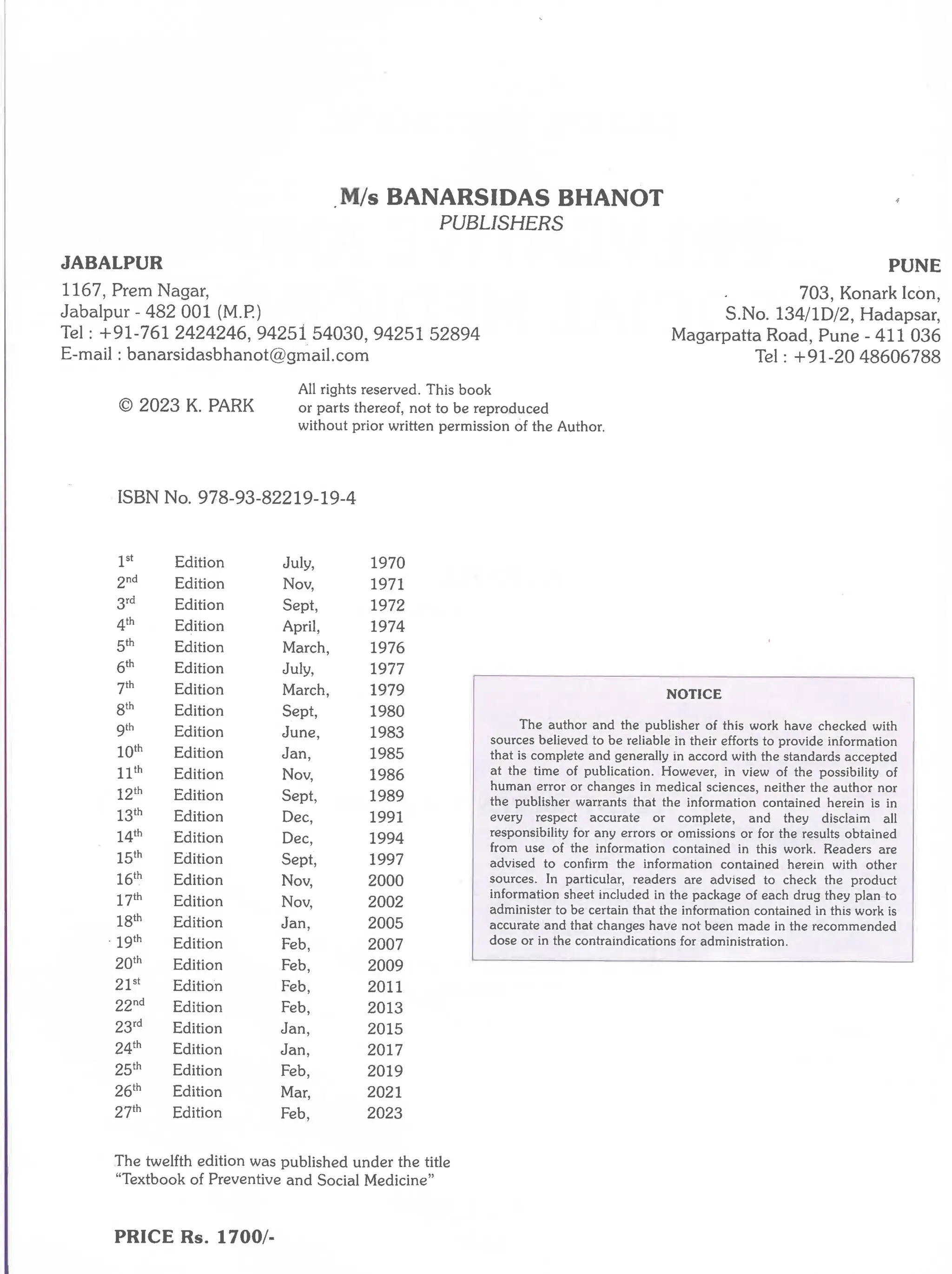 free Park’s Textbook of Preventive and Social Medicine (27th Edition) Author: K. Park Publisher ...