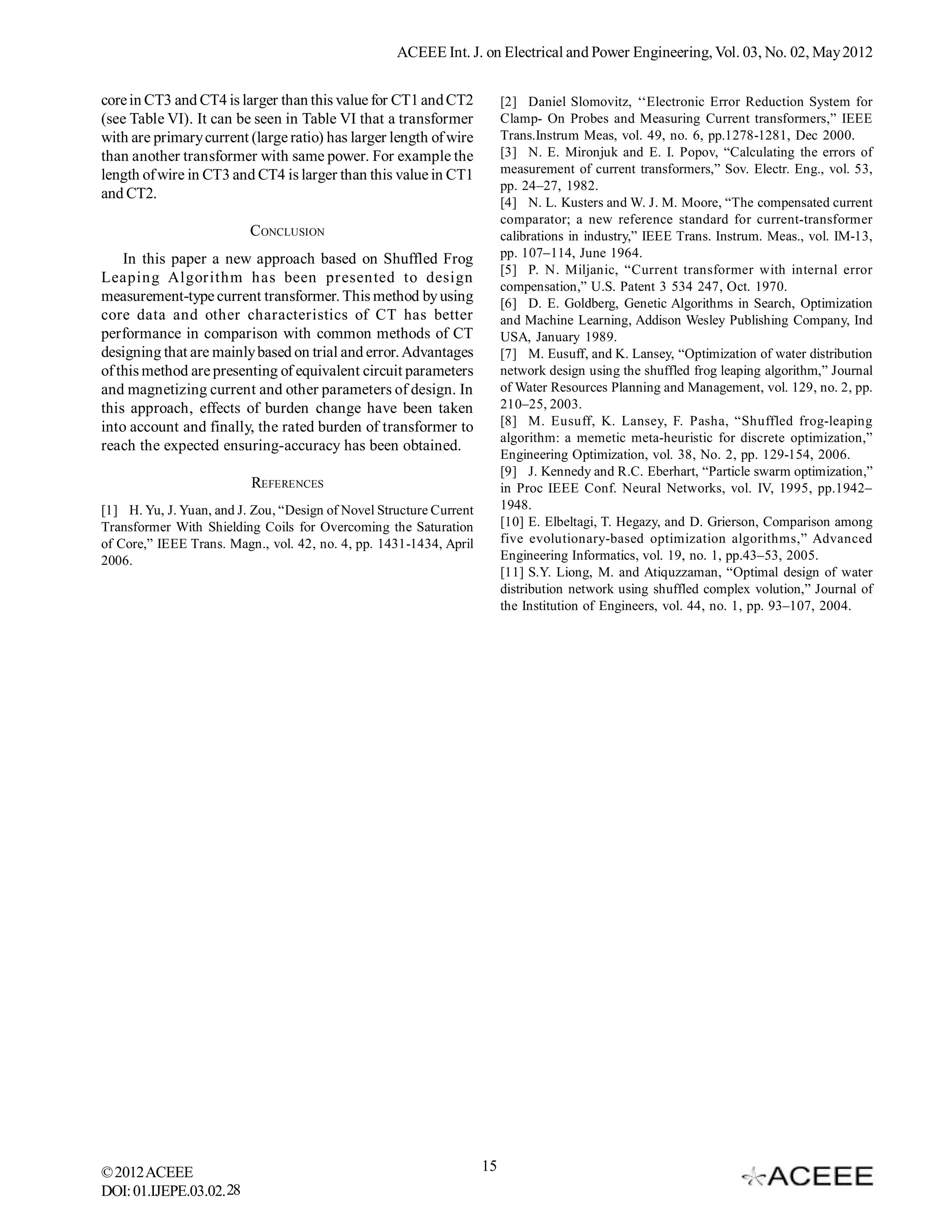 Optimal Design Of Measurement Type Current Transformer Using Shuffled Frog Leaping Algorithm Pdf