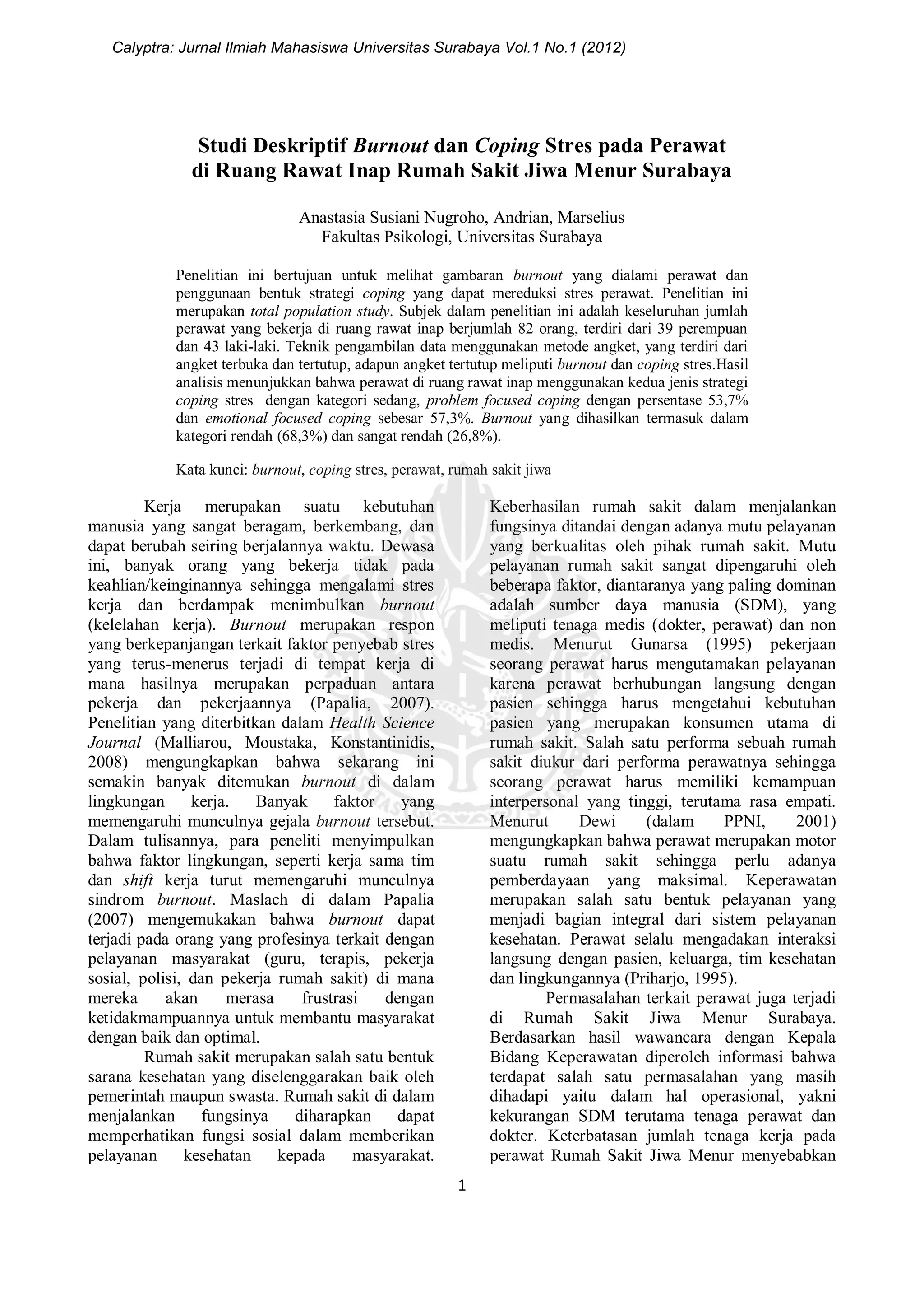 Studi Deskriptif Burnout dan Coping Stres pada Perawat di Ruang Rawat Inap Rumah Sakit Jiwa ...