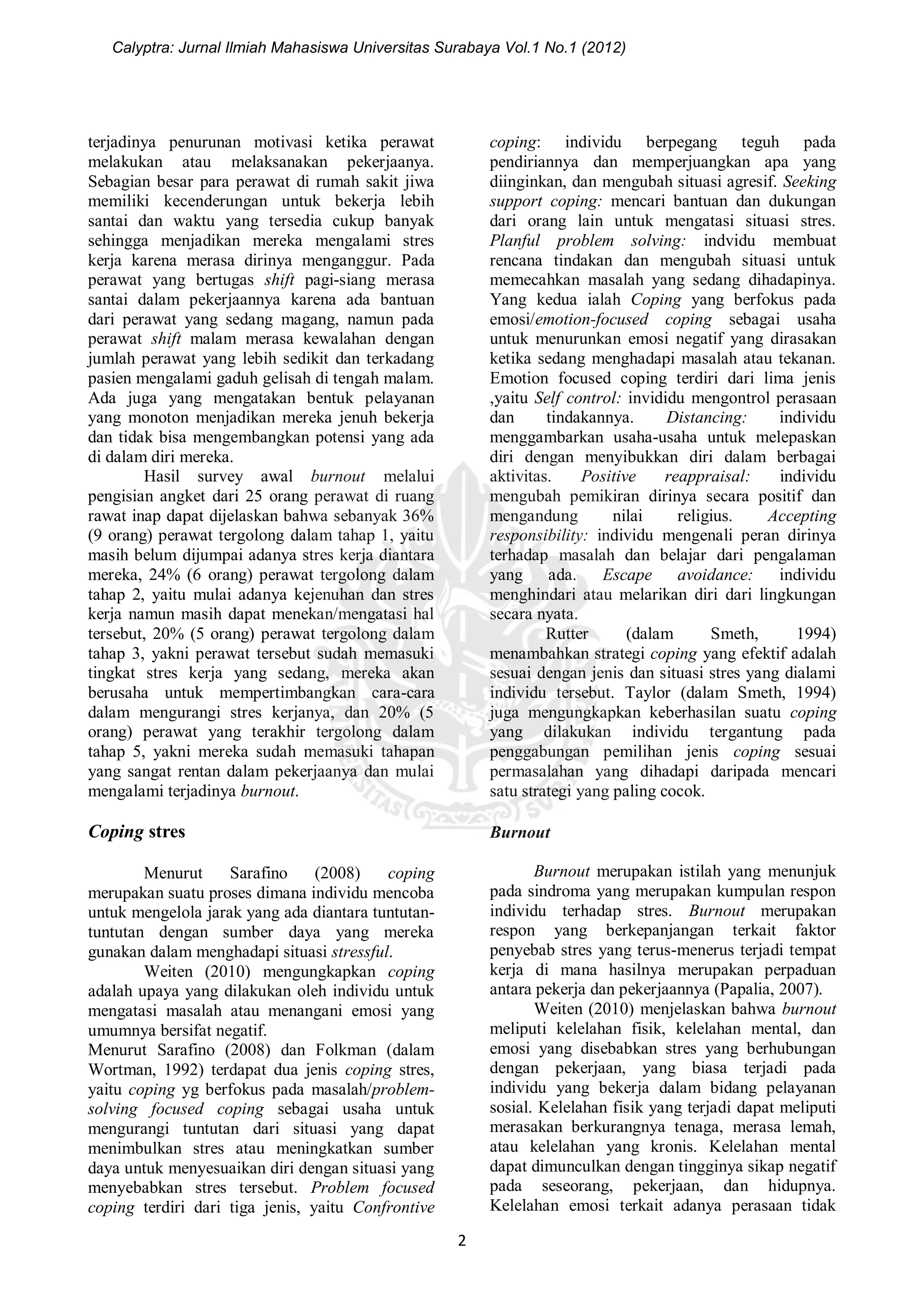 Studi Deskriptif Burnout dan Coping Stres pada Perawat di Ruang Rawat ...