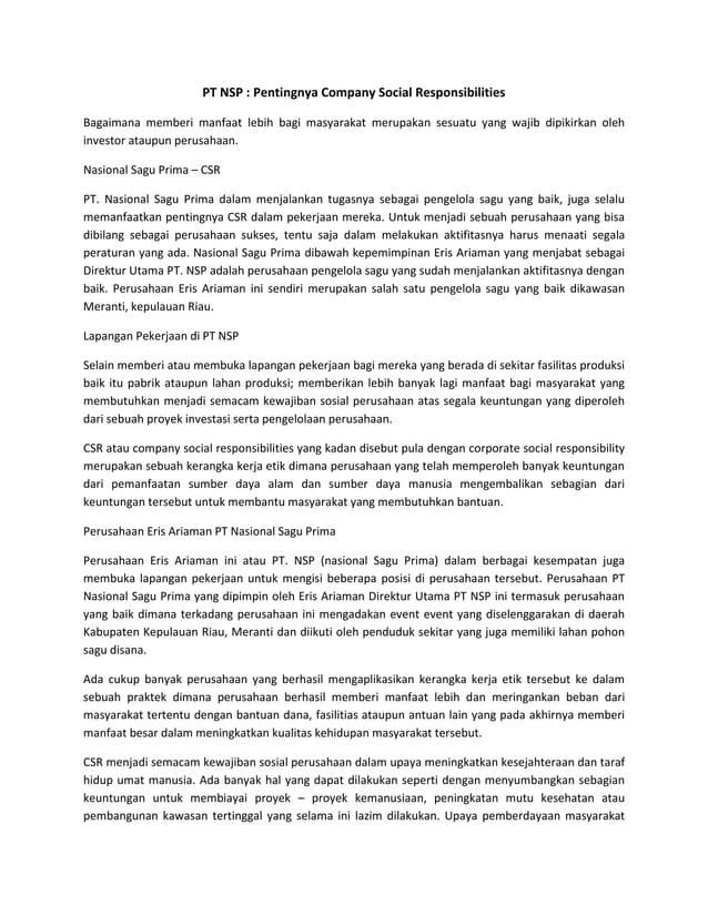 PT NSP dan CSR Perusahaan | Winowo Dwi Priyono Doc | PDF
