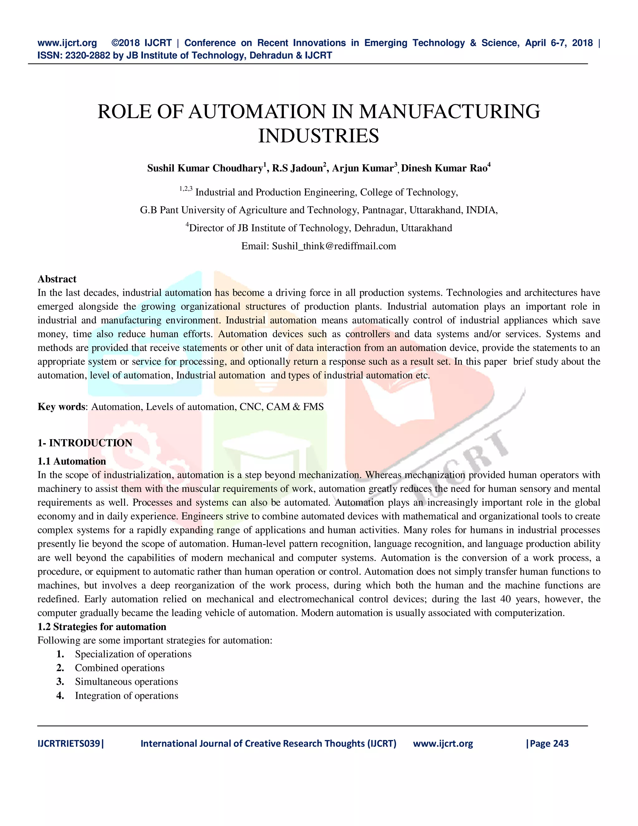 ROLE OF AUTOMATION IN MANUFACTURING INDUSTRIES | PDF