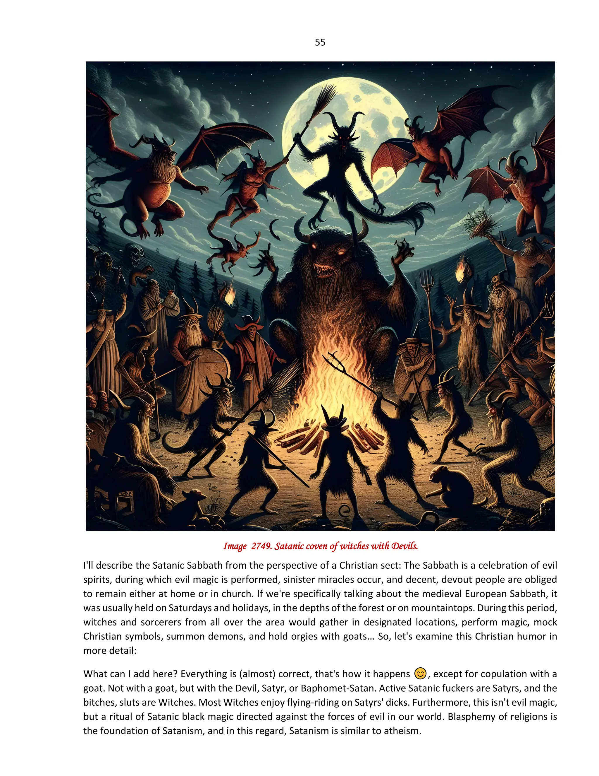 Satan's Witches sabbath in the woods, among trees and nature. Puritan ...