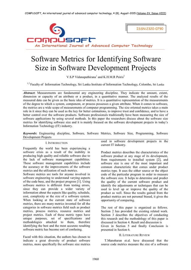 Software Metrics for Identifying Software Size in Software Development Projects | PDF