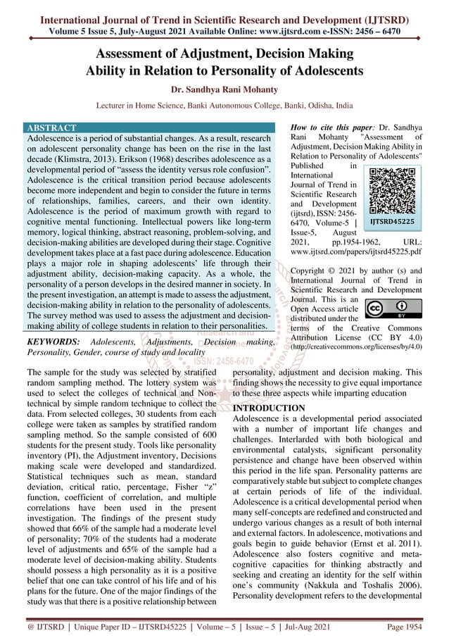 Assessment of Adjustment, Decision Making Ability in Relation to ...