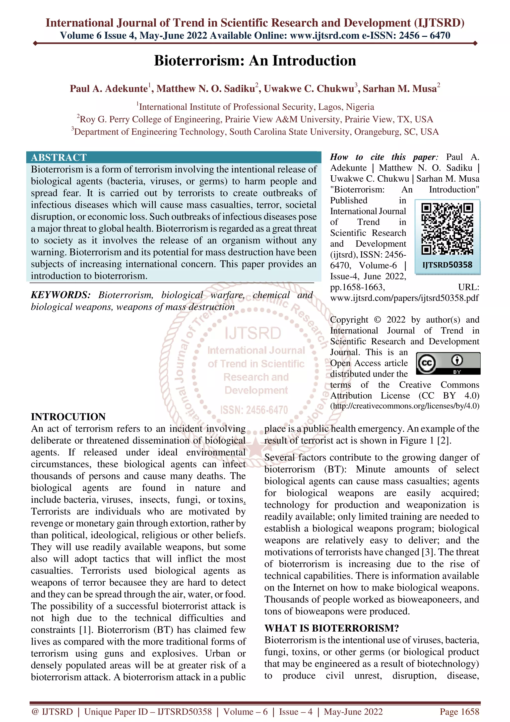 Bioterrorism An Introduction | PDF