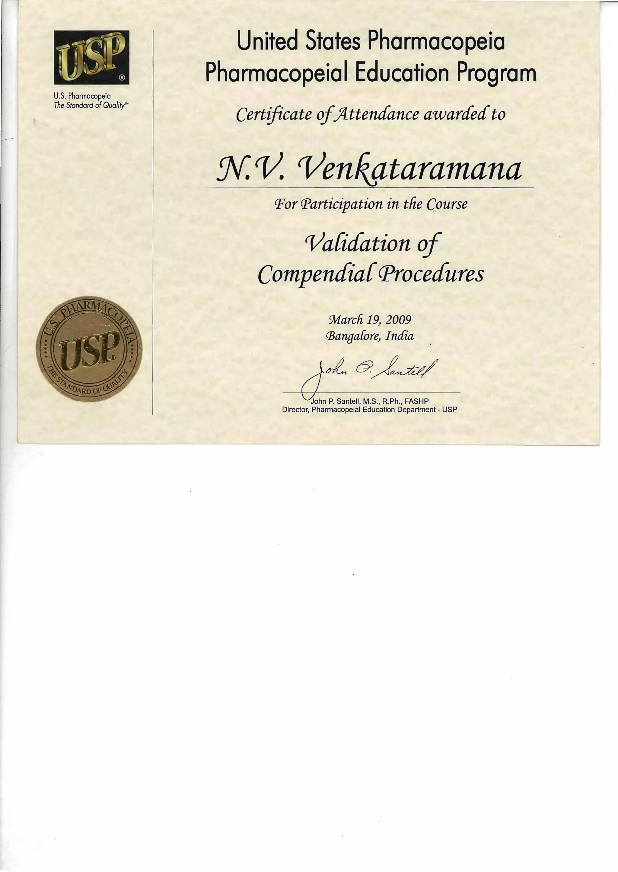 Certificate of USP validation completion course | PDF