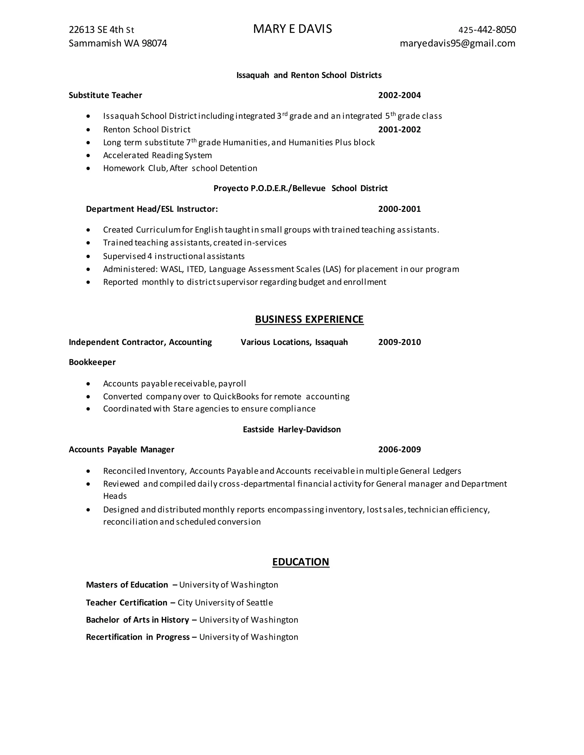 Mary Davis Resume Current Education | DOCX