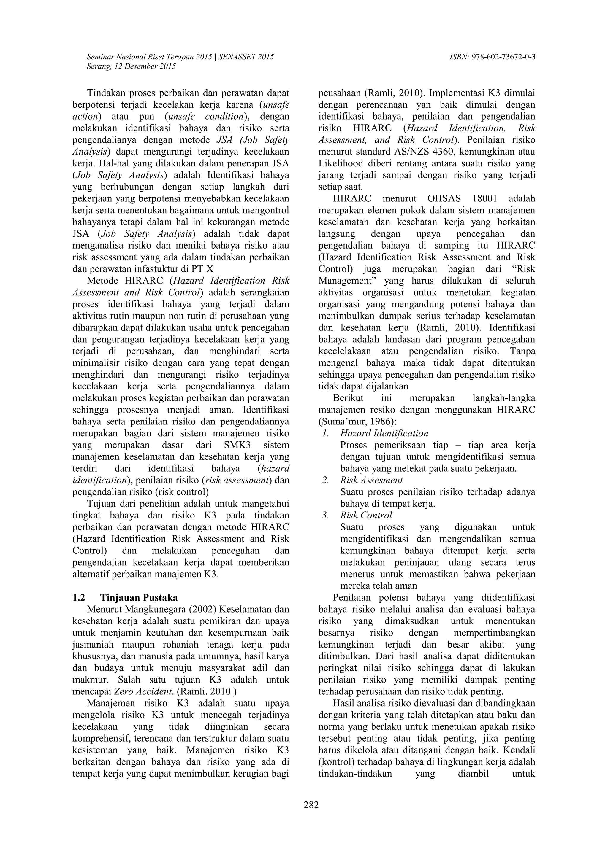 IDENTIFIKASI BAHAYA DAN PENILAIAN RISIKO K3 PADA TINDAKAN PERAWATAN ...