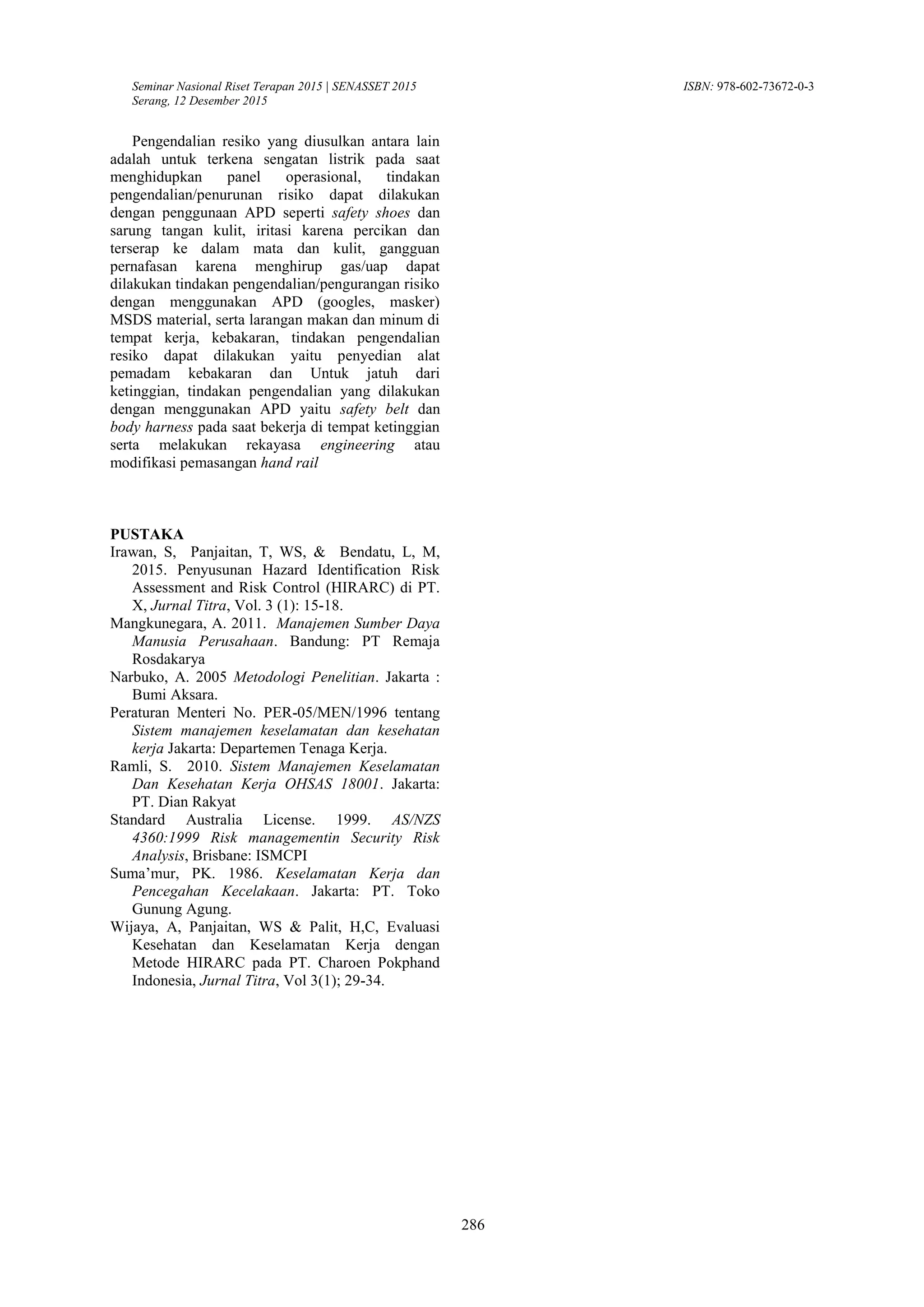 IDENTIFIKASI BAHAYA DAN PENILAIAN RISIKO K3 PADA TINDAKAN PERAWATAN & PERBAIKAN MENGGUNAKAN ...
