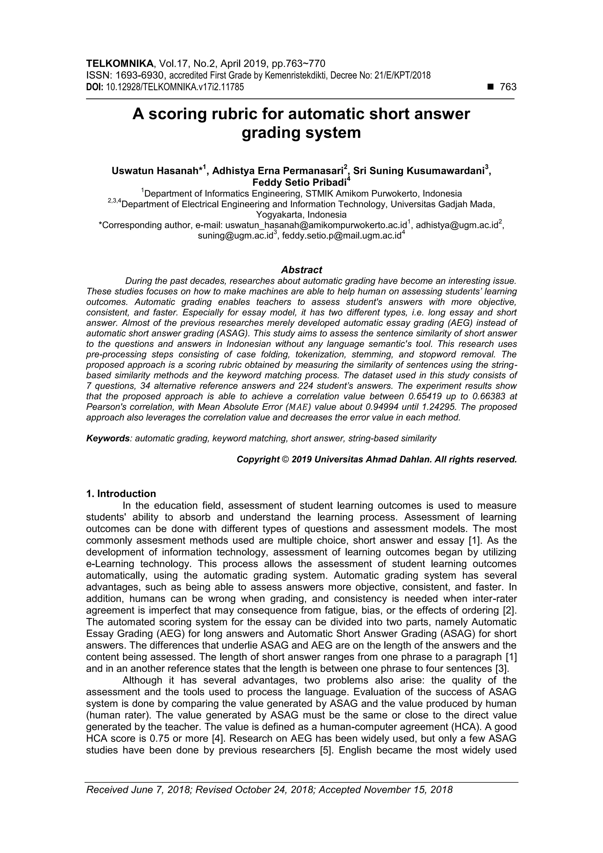 A scoring rubric for automatic short answer grading system | PDF