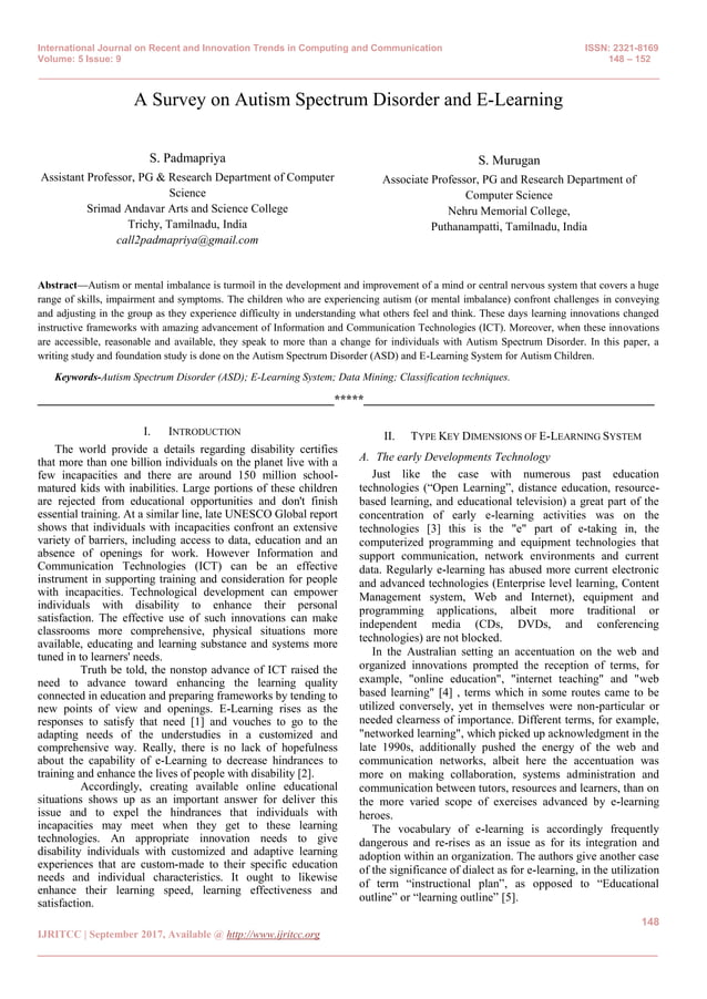 A Survey on Autism Spectrum Disorder and E-Learning | PDF