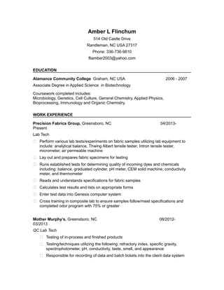 Amber's Resume Updated | RTF | Biotech and Biomedical Industry | Industries