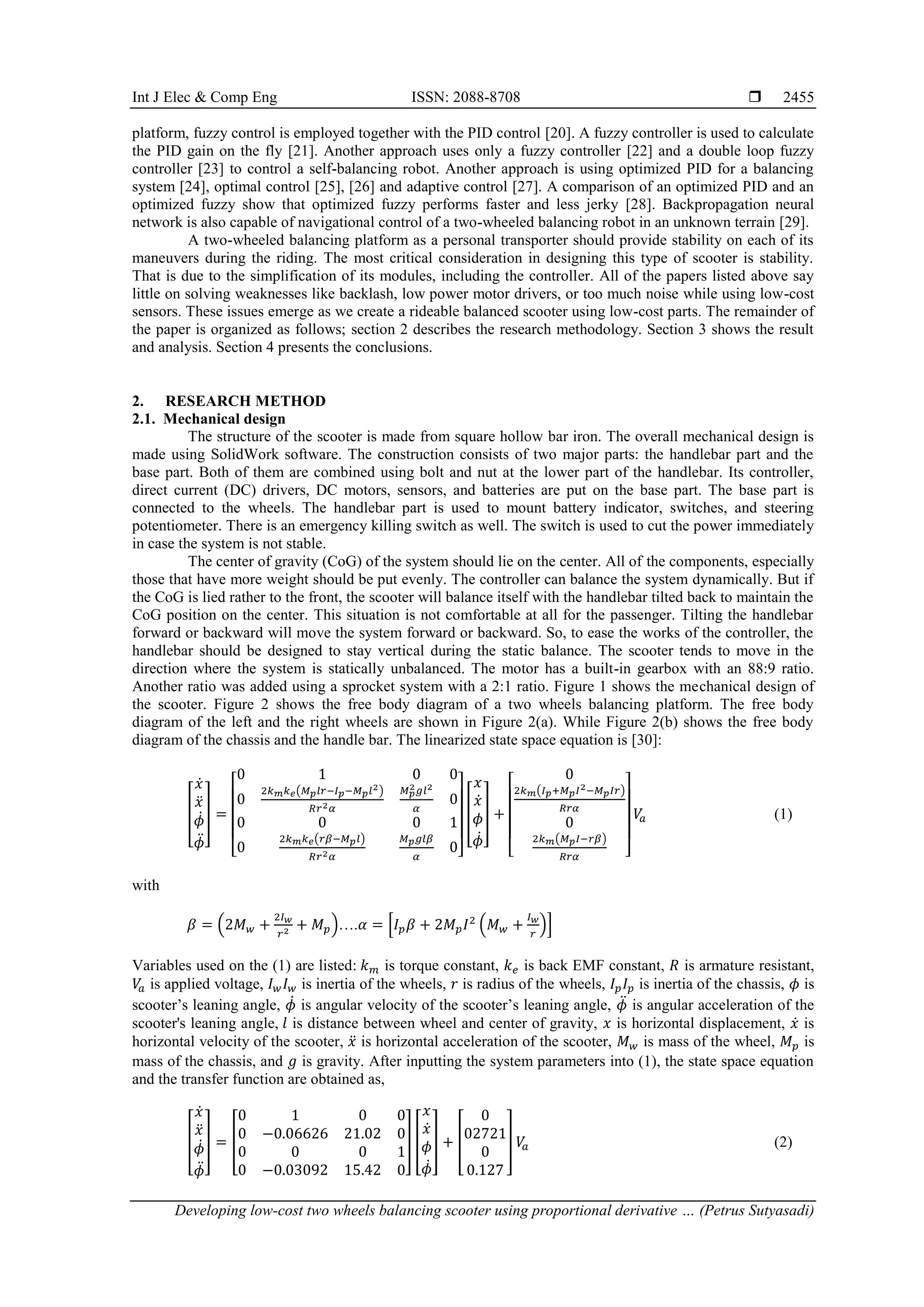 Developing low-cost two wheels balancing scooter using proportional derivative controller | PDF