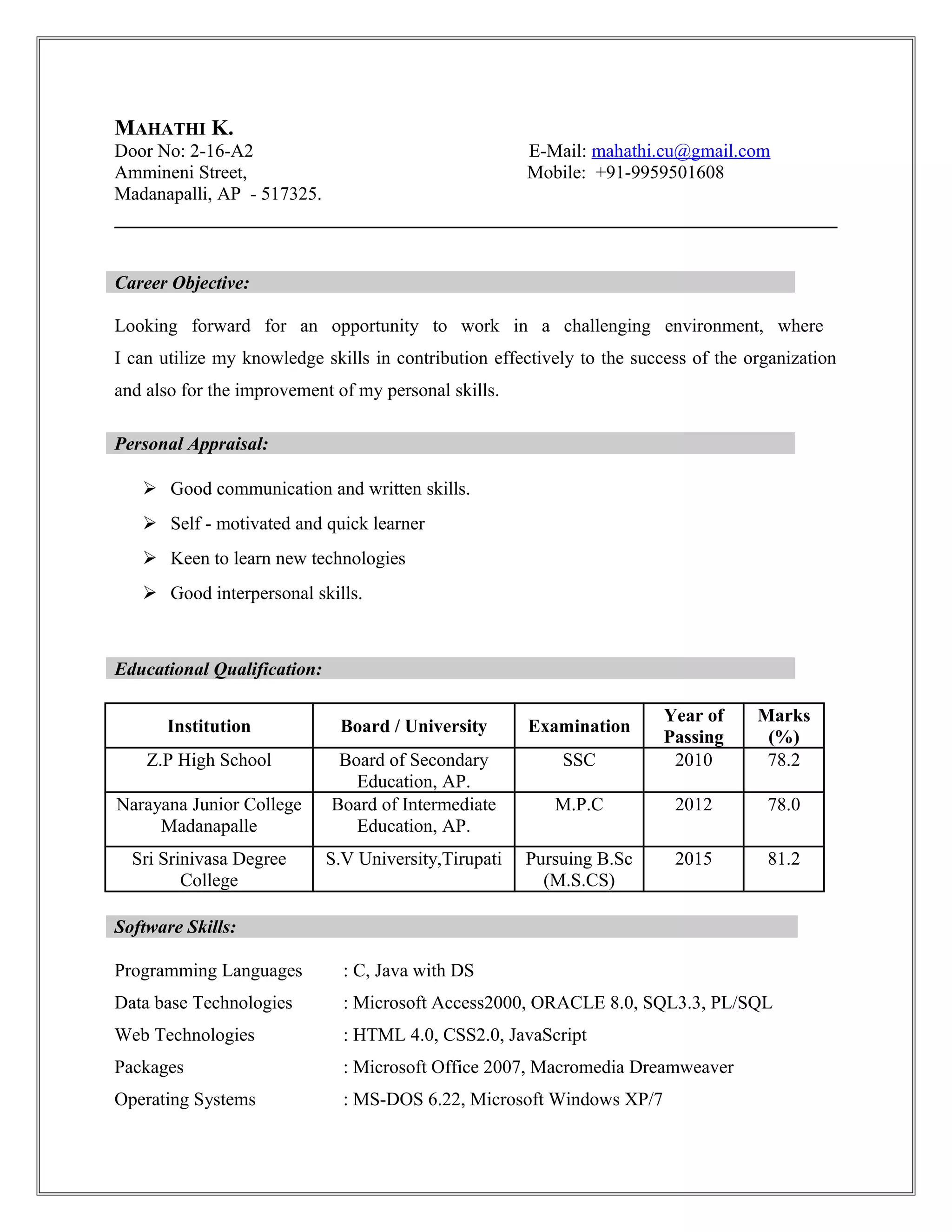Mahathi_Resume | DOC | Programming Languages | Computing