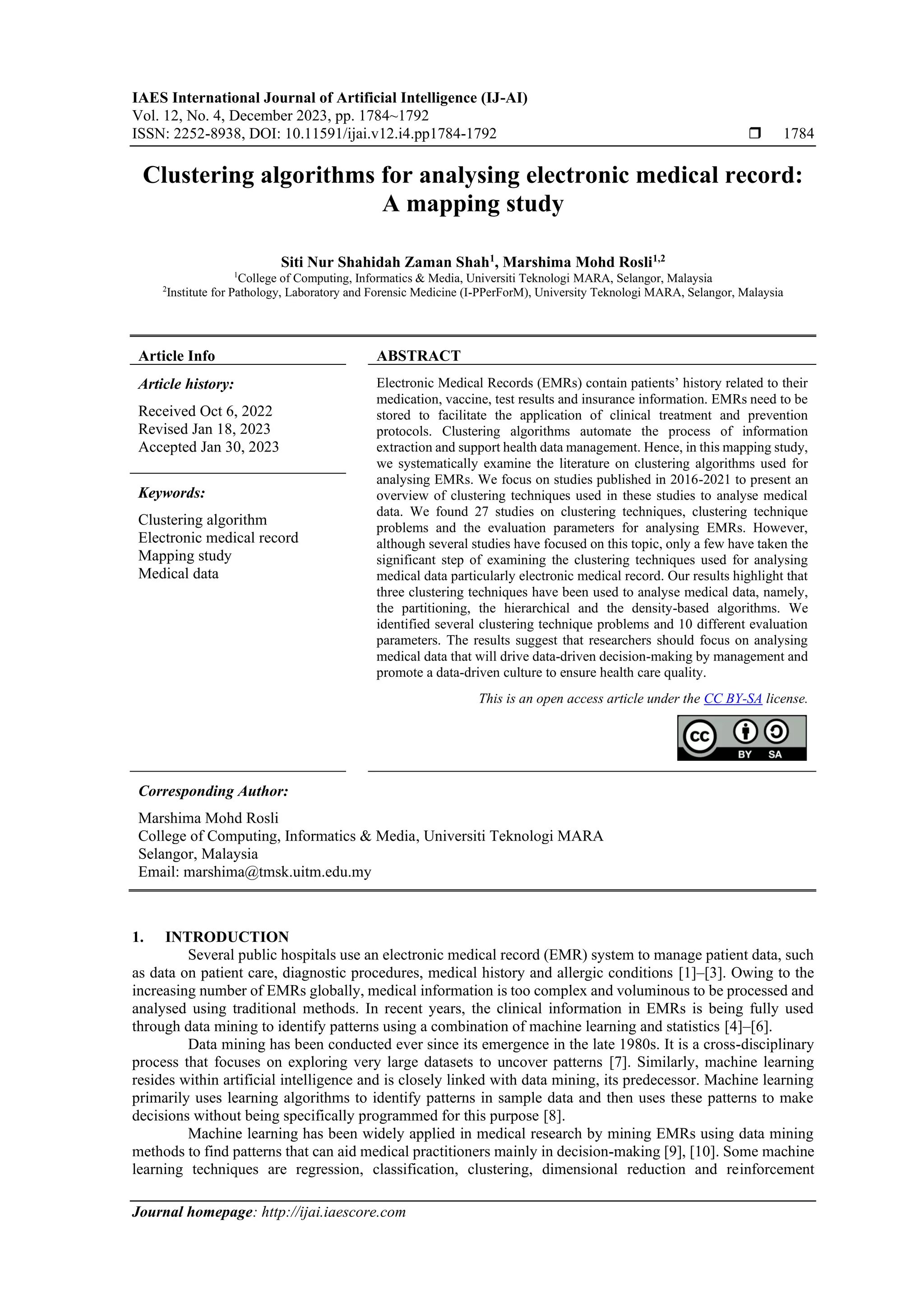 Clustering algorithms for analysing electronic medical record: A mapping study | PDF