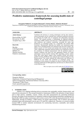 Predictive maintenance framework for assessing health state of centrifugal pumps | PDF