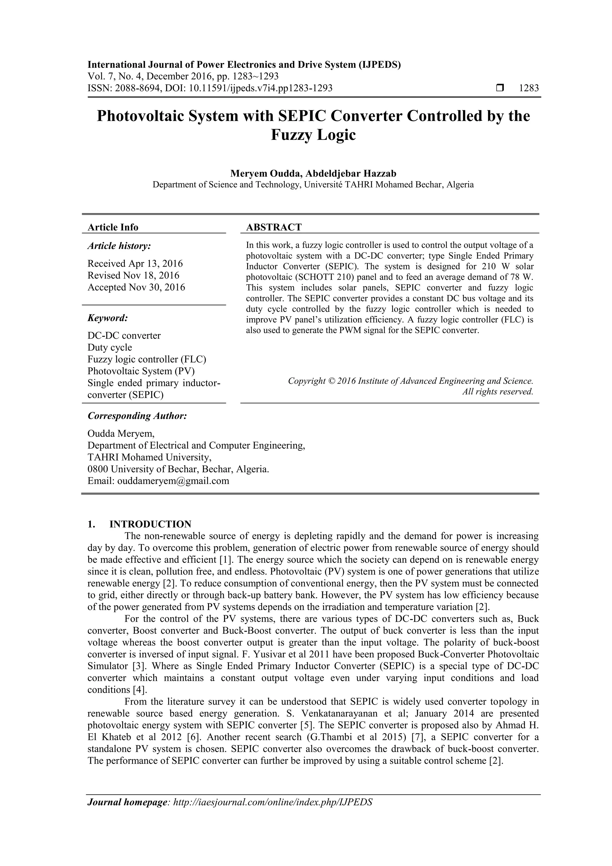 Photovoltaic System with SEPIC Converter Controlled by the Fuzzy Logic | PDF