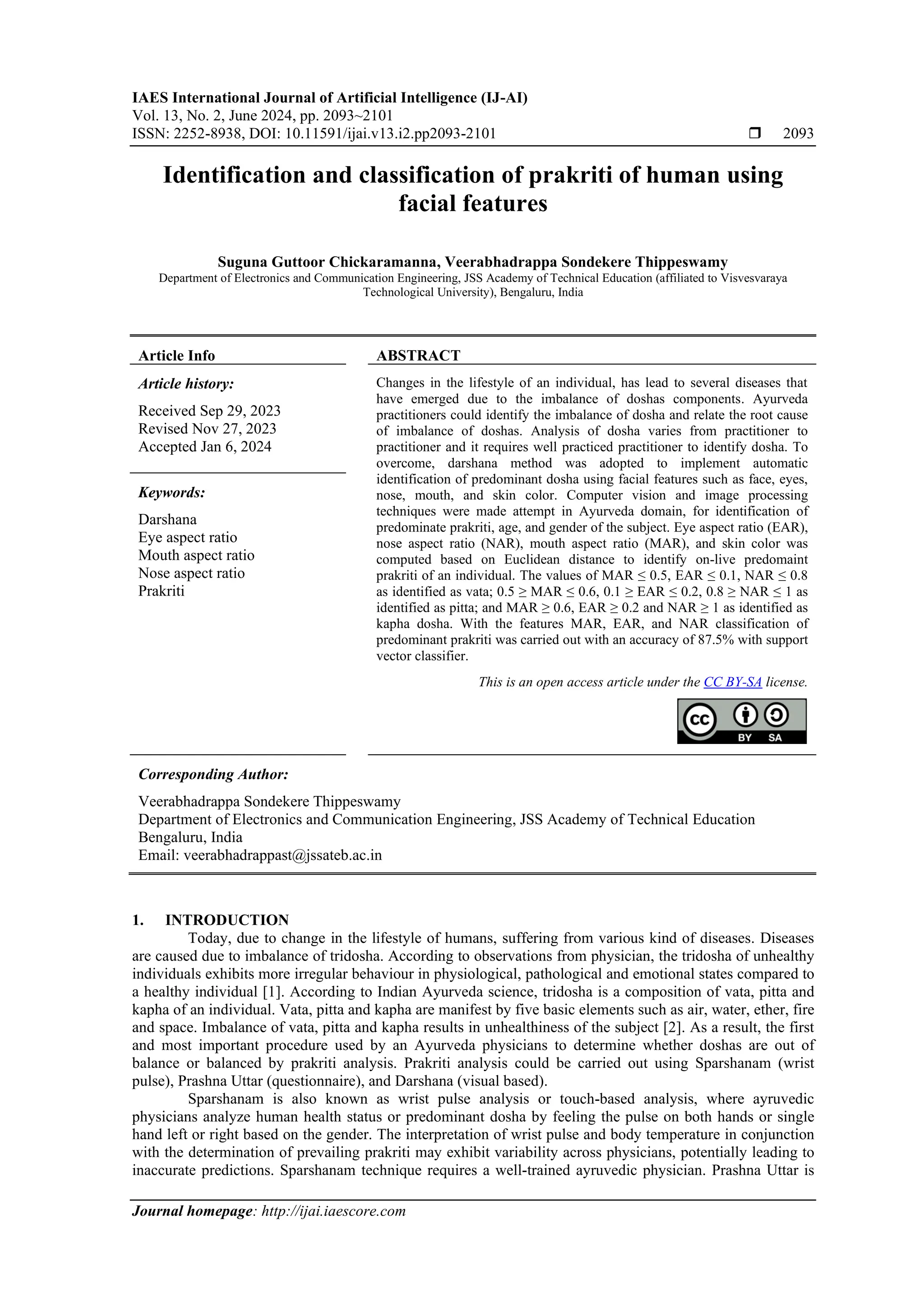 Identification and classification of prakriti of human using facial features | PDF