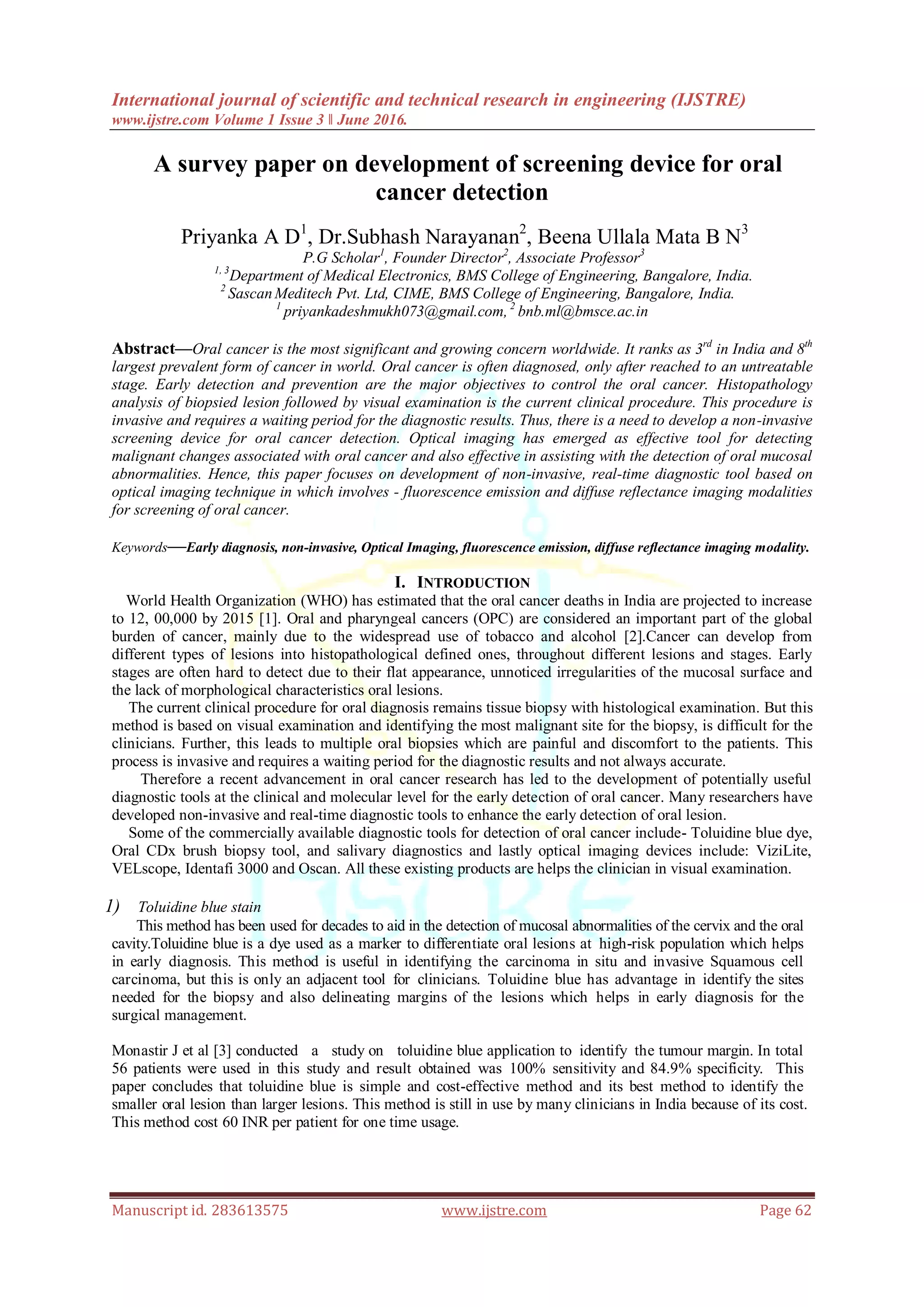 A survey paper on development of screening device for oral cancer ...