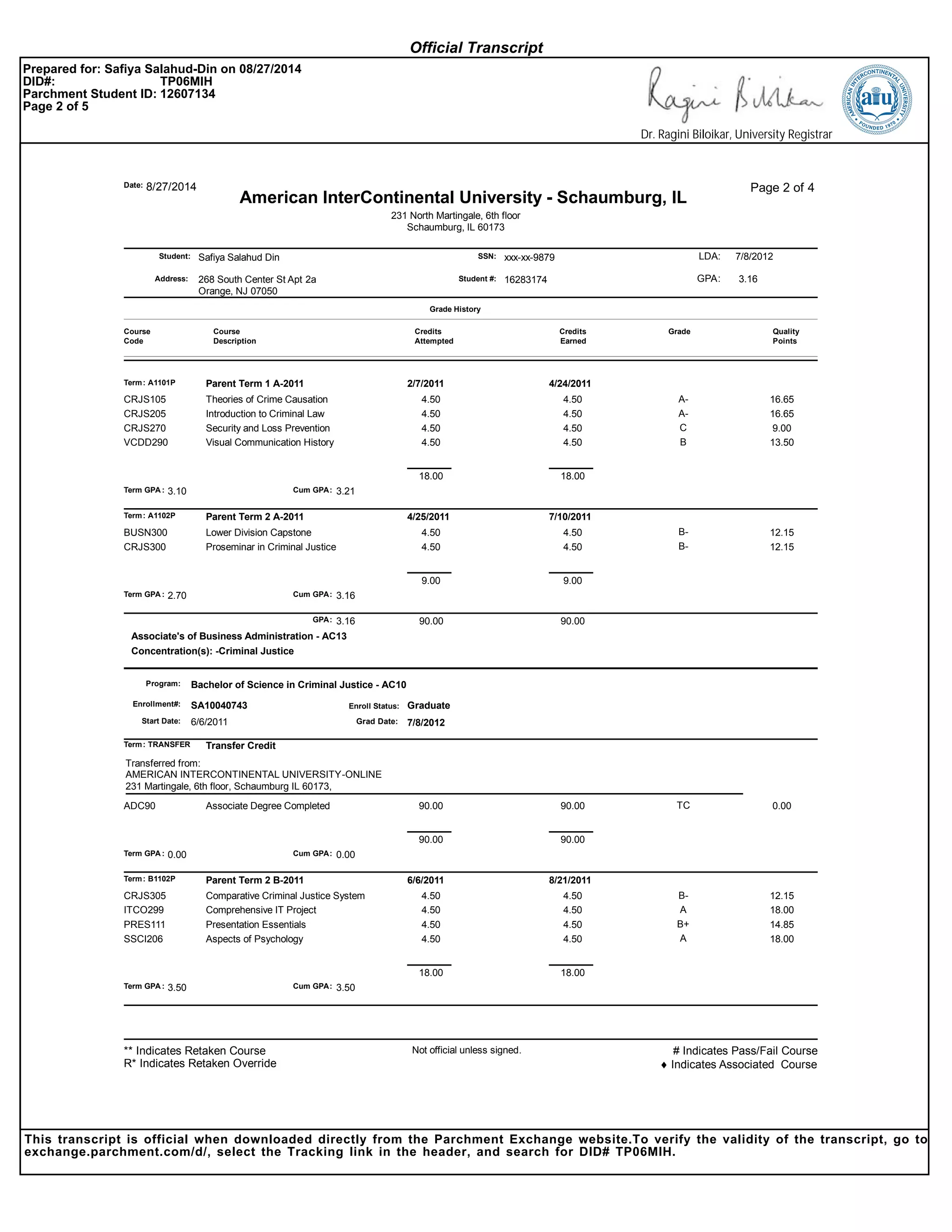Safiya Salahud-Din Transcript | PDF