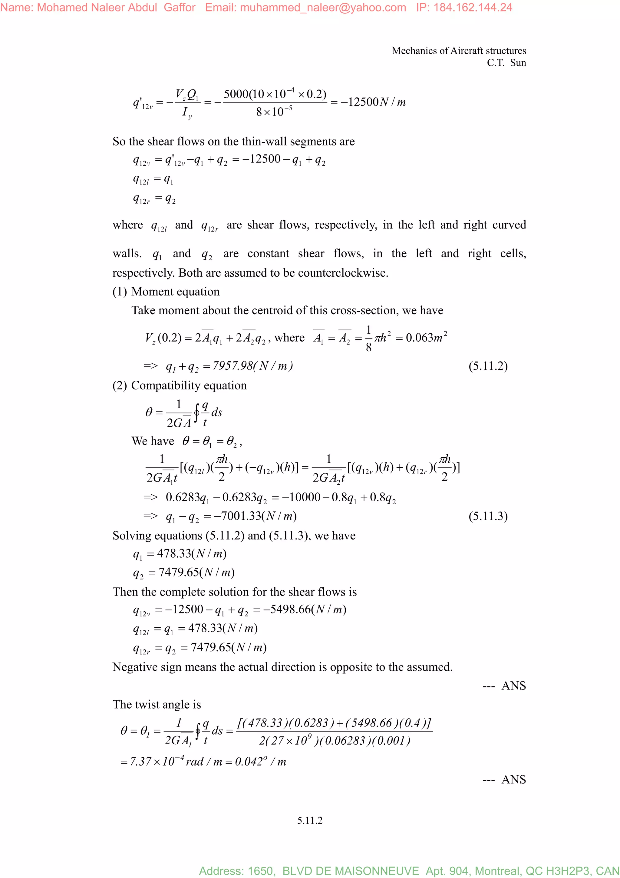 Mechanics of Aircraft Structures solution manual C.T. Sun 2nd ed | PDF