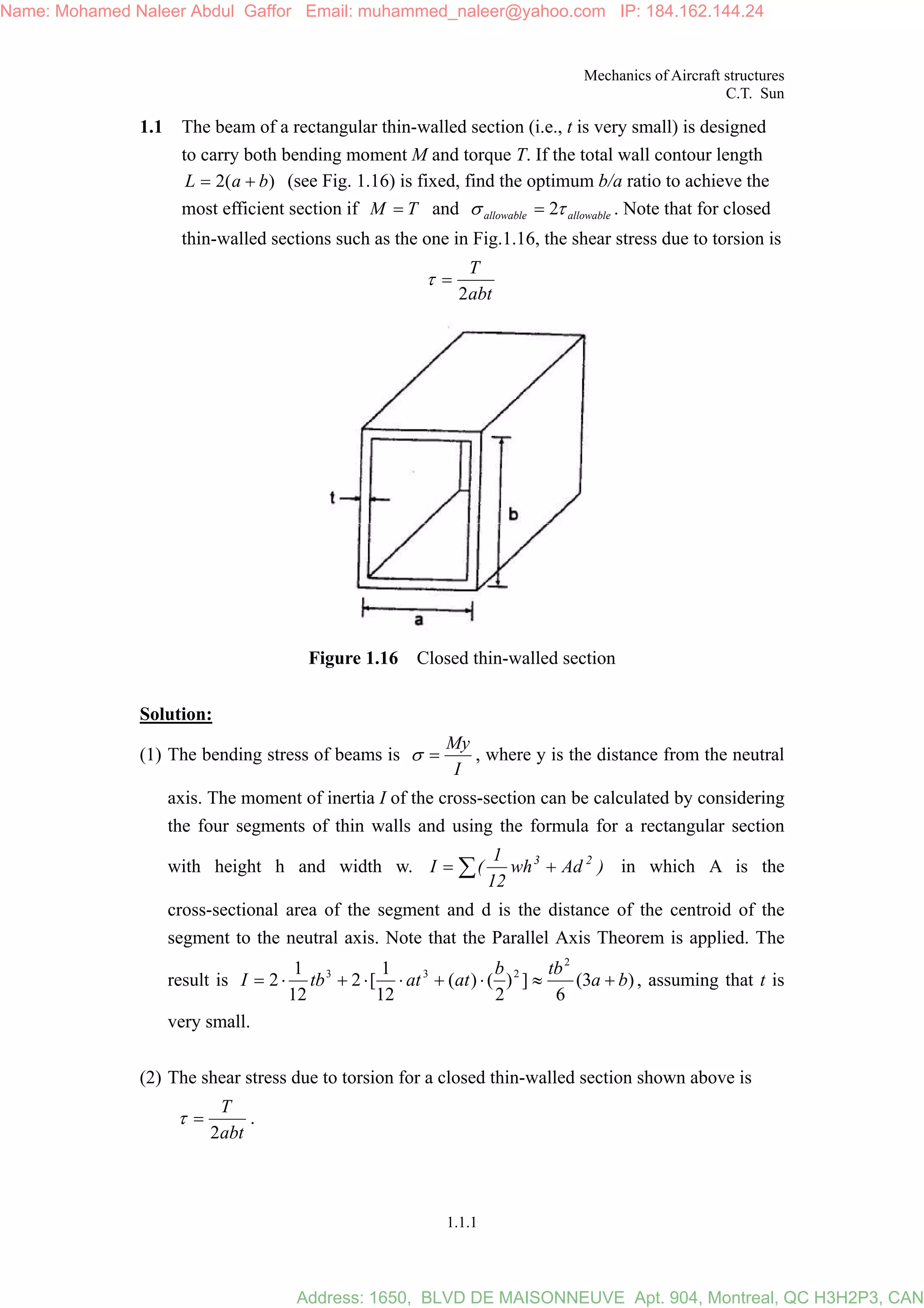 Mechanics of Aircraft Structures solution manual C.T. Sun 2nd ed | PDF