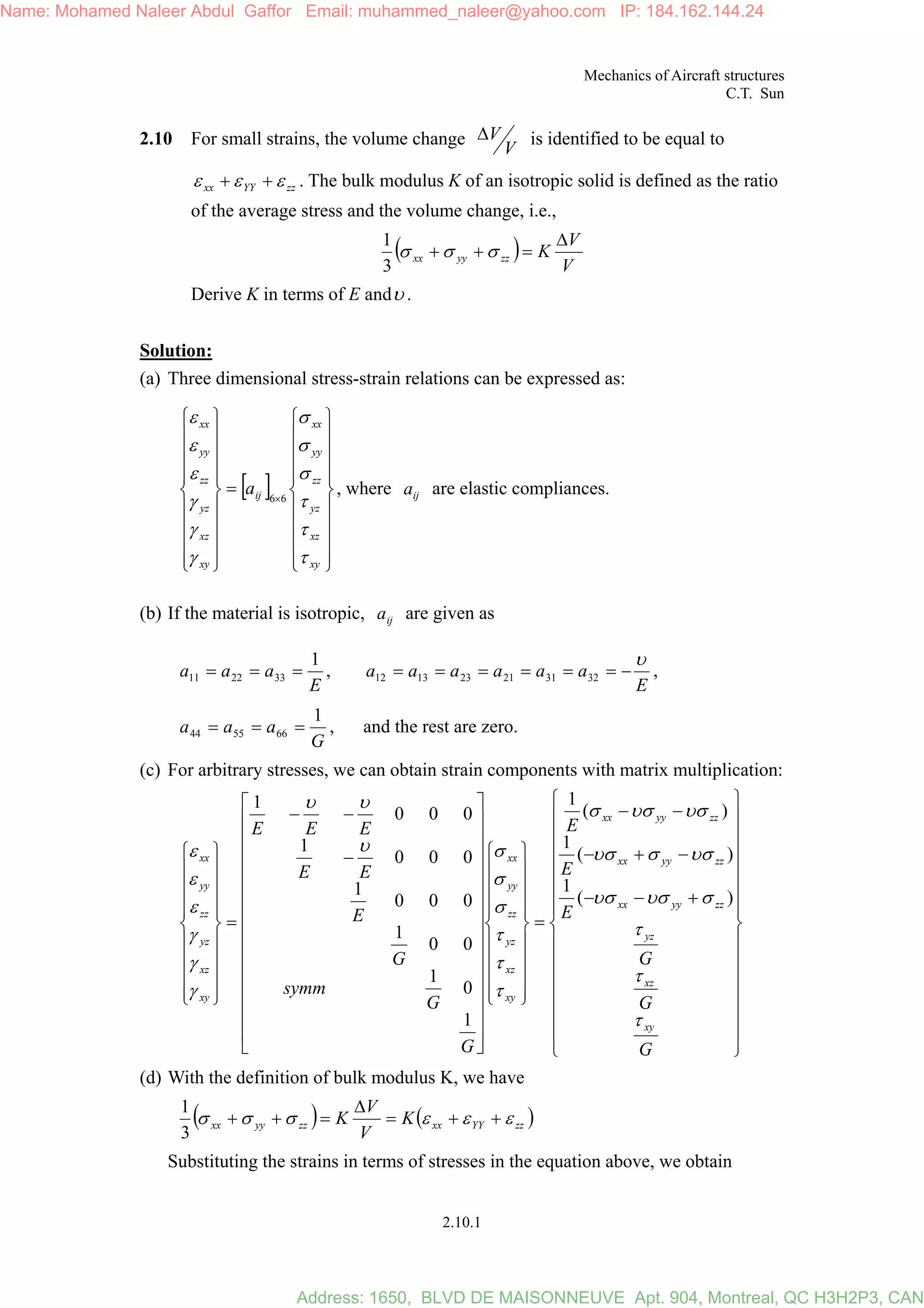 Mechanics of Aircraft Structures solution manual C.T. Sun 2nd ed | PDF