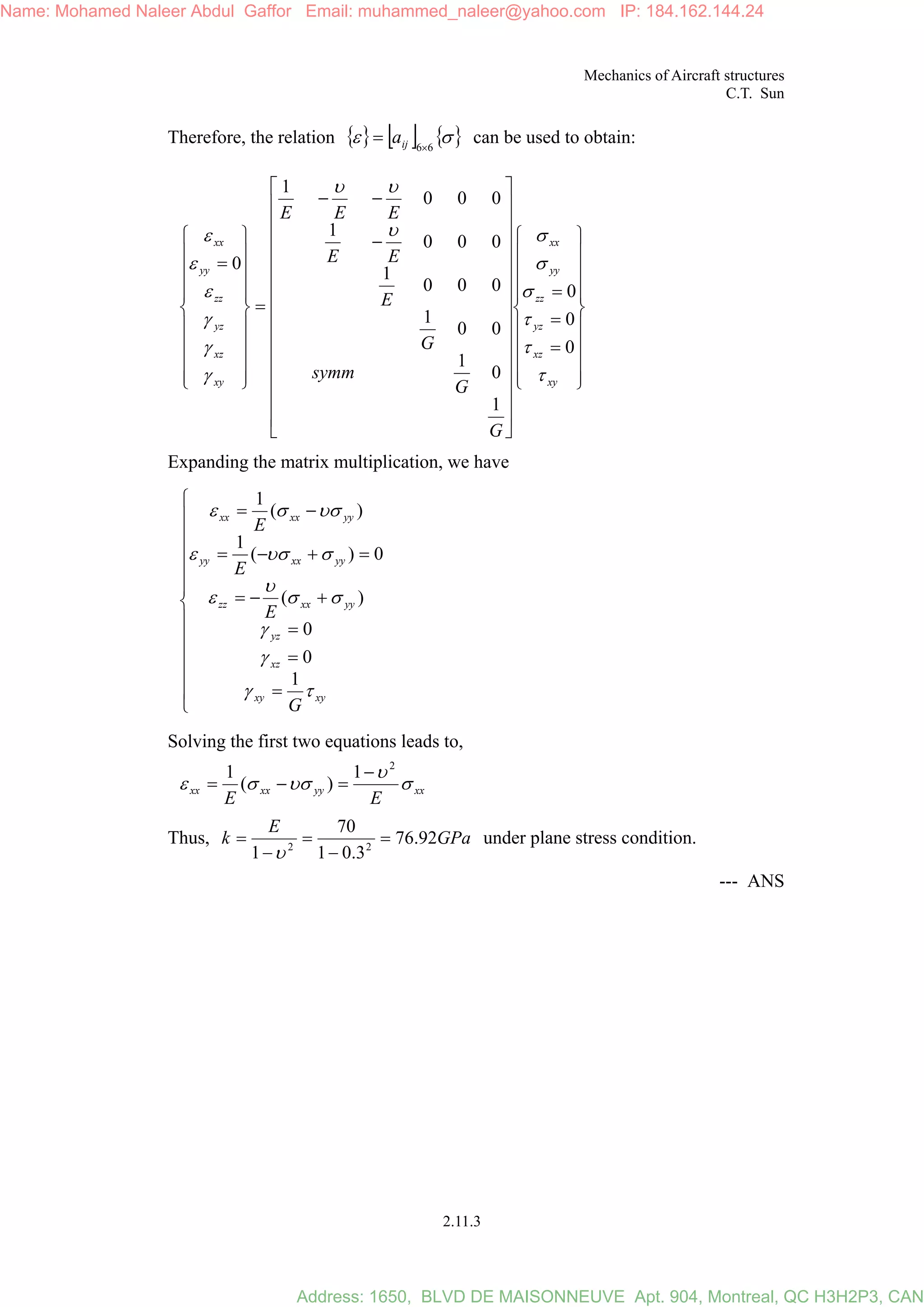 Mechanics of Aircraft Structures solution manual C.T. Sun 2nd ed | PDF