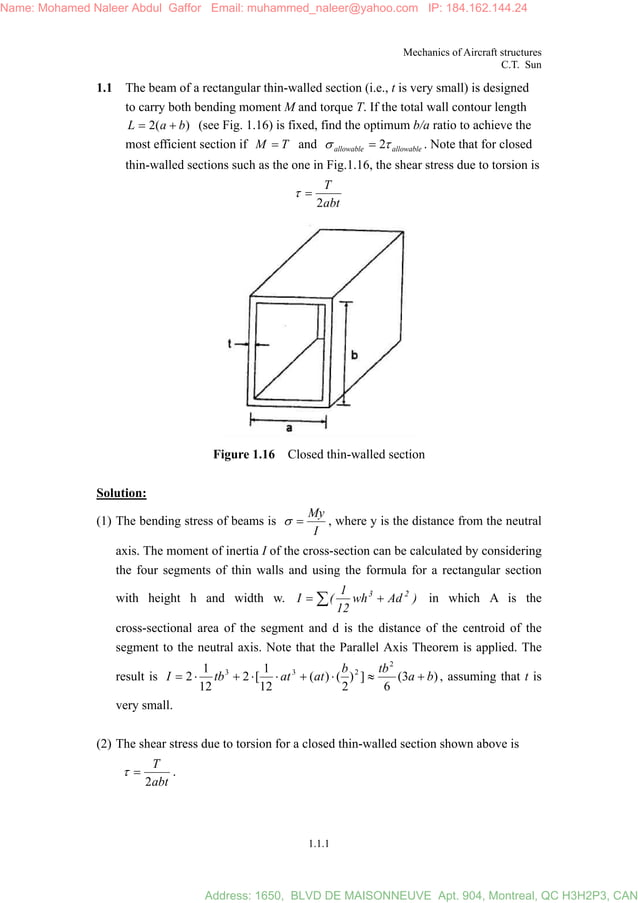 Mechanics of Aircraft Structures solution manual C.T. Sun 2nd ed | PDF