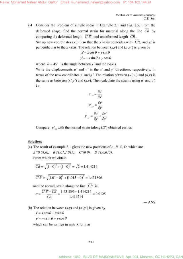 Mechanics of Aircraft Structures solution manual C.T. Sun 2nd ed | PDF
