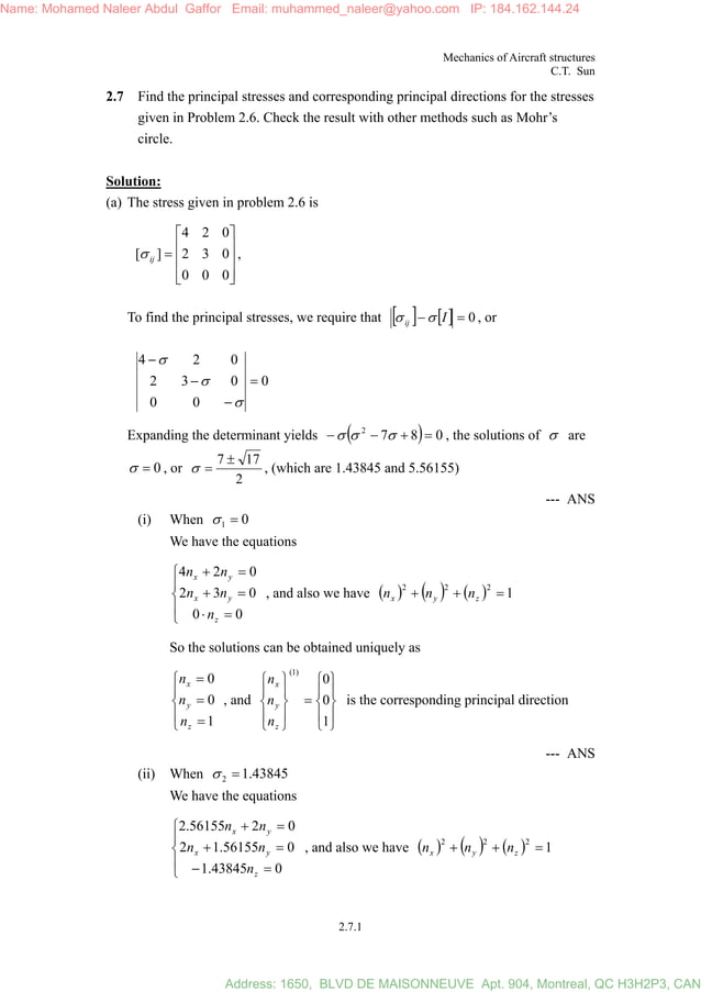 Mechanics of Aircraft Structures solution manual C.T. Sun 2nd ed | PDF