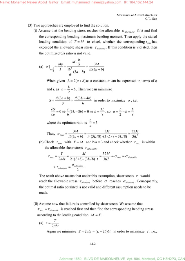 Mechanics of Aircraft Structures solution manual C.T. Sun 2nd ed | PDF