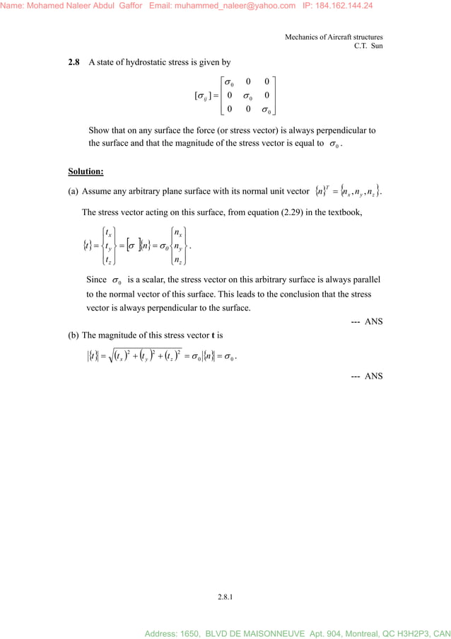 Mechanics of Aircraft Structures solution manual C.T. Sun 2nd ed | PDF